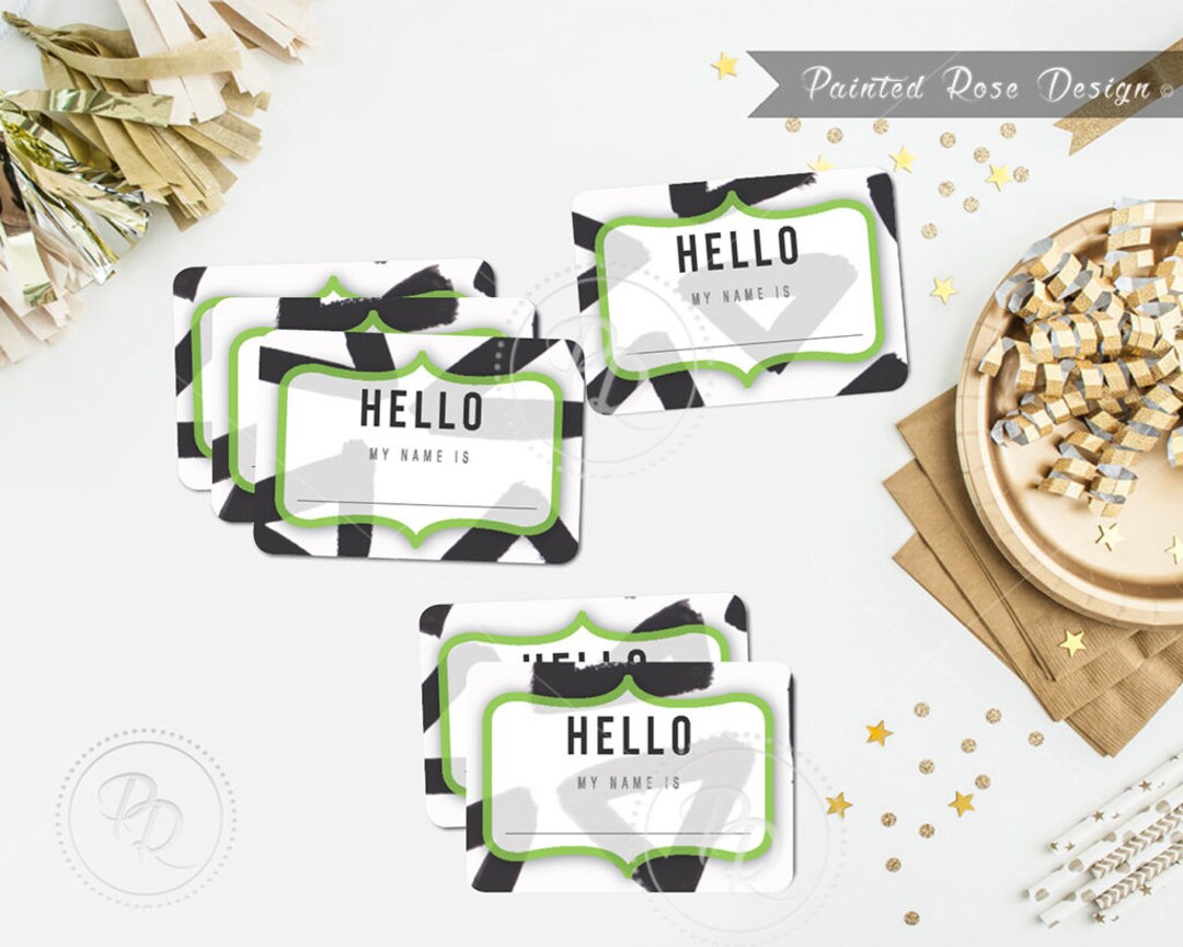 Name Tags Green Black Geometric Printable Party Event Birthday Wedding ...