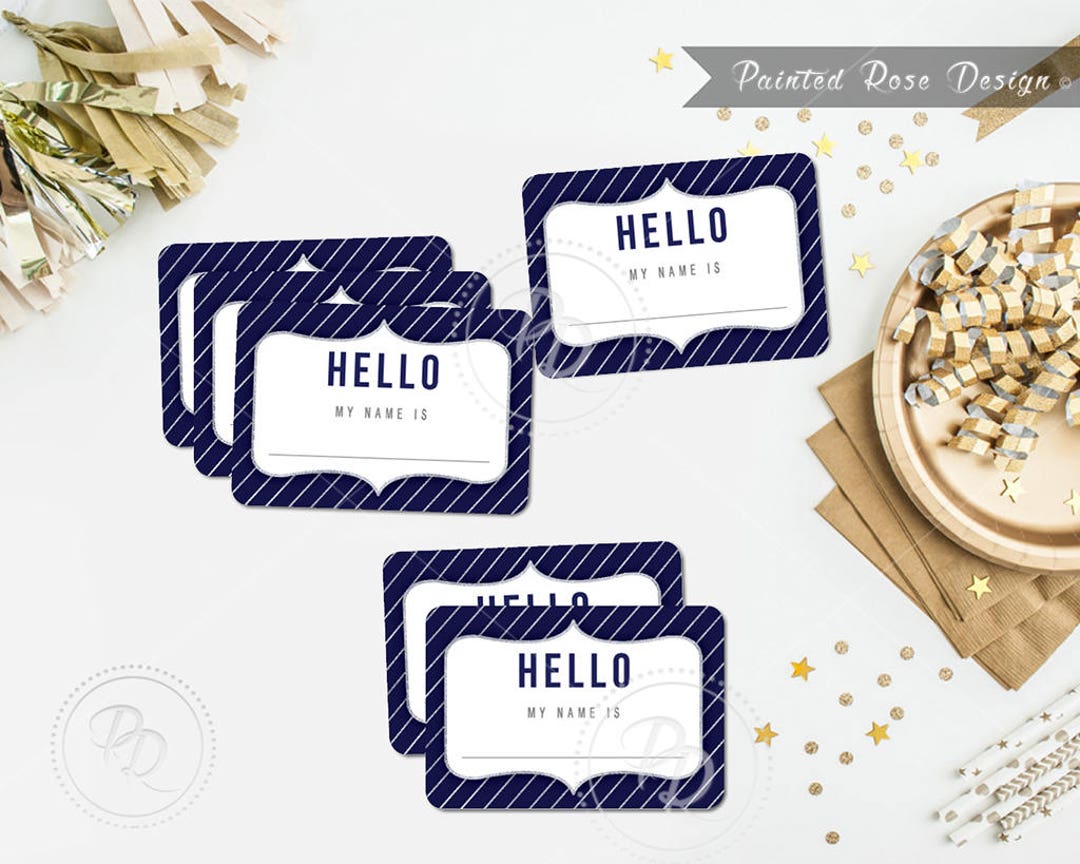 Name Tags Navy Blue Silver Pinstripe Printable Party Business Event ...