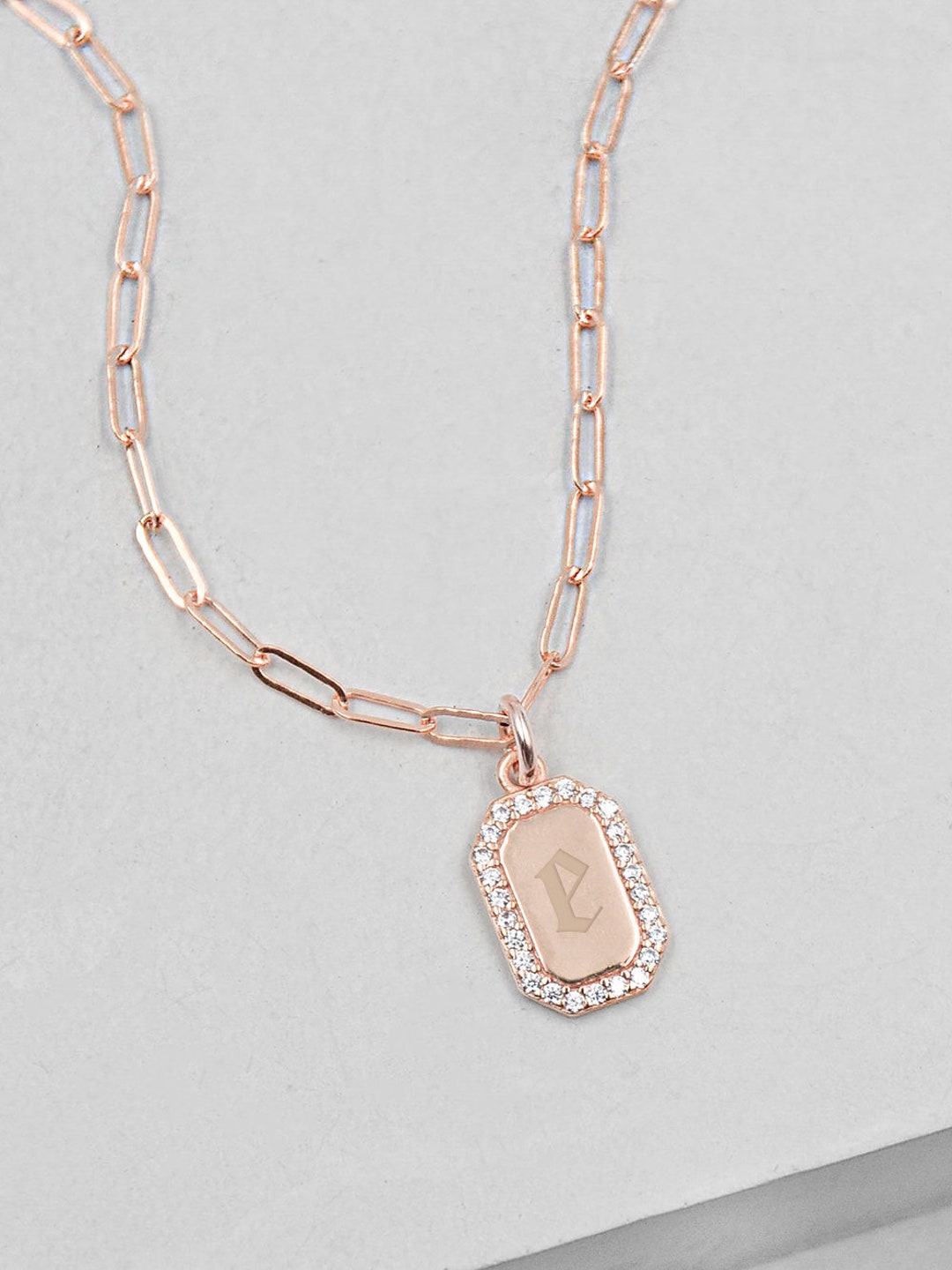 Paperclip Initial Tag Necklace ROSE GOLD Initial Necklace - Etsy
