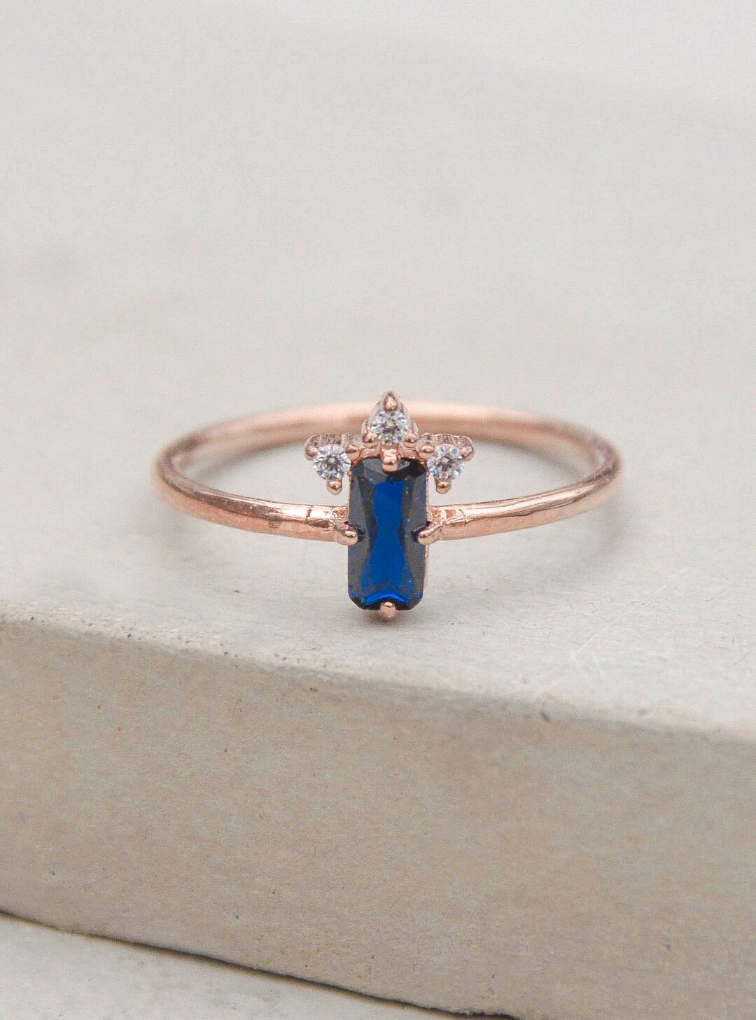 Baguette Crown Ring Rose Gold Blue Statement Baguette Stacking Ring, Promise Ring, Engagement ...