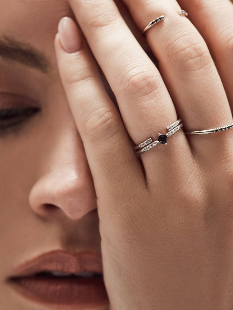 Open Ring Silver Stacking Ring With 6 Mini CZ Stones | Etsy