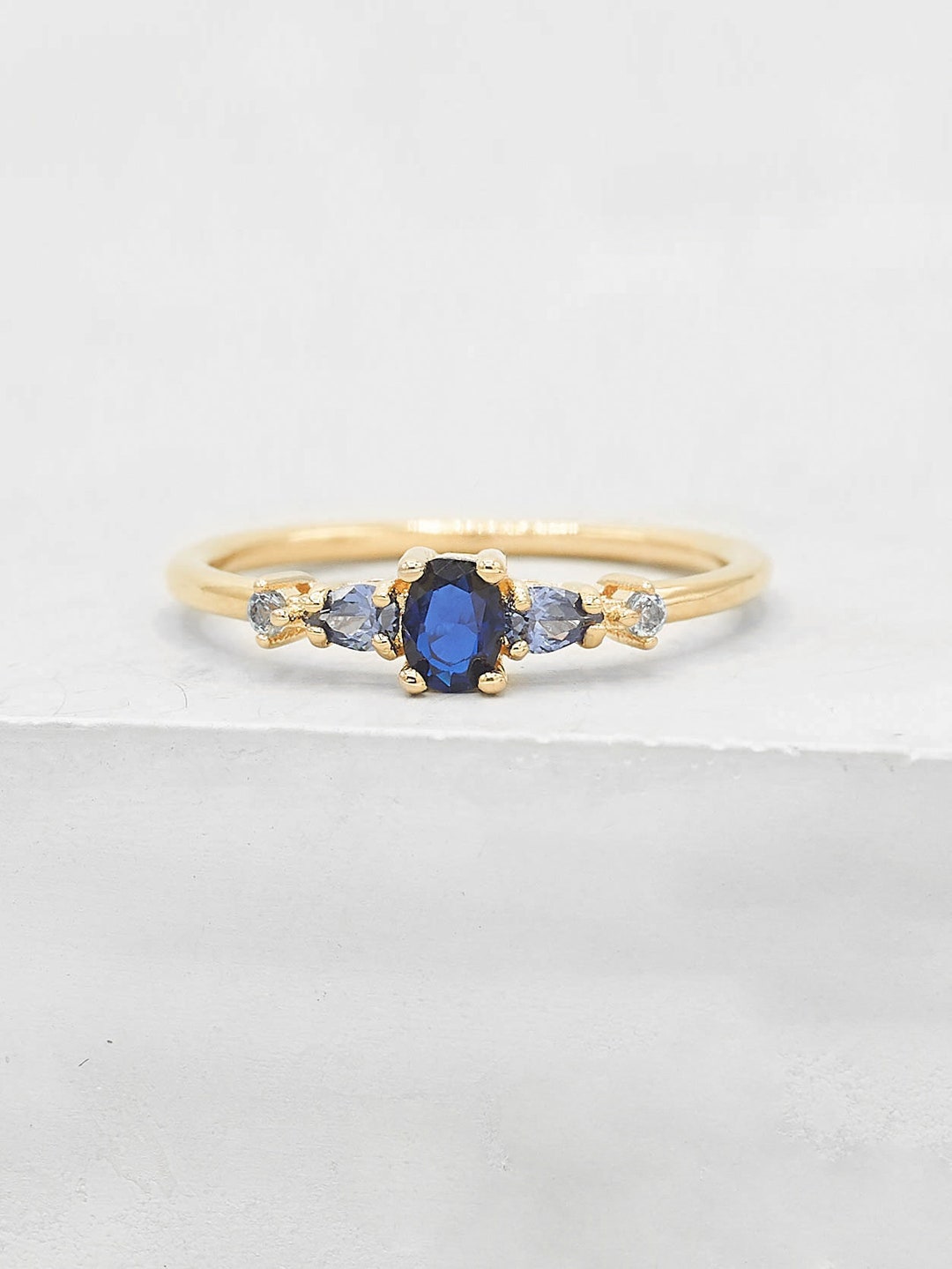 Vintage Inspired Ring - Gold + Blue Petite, Dainty Ultra Thin Stacking ...