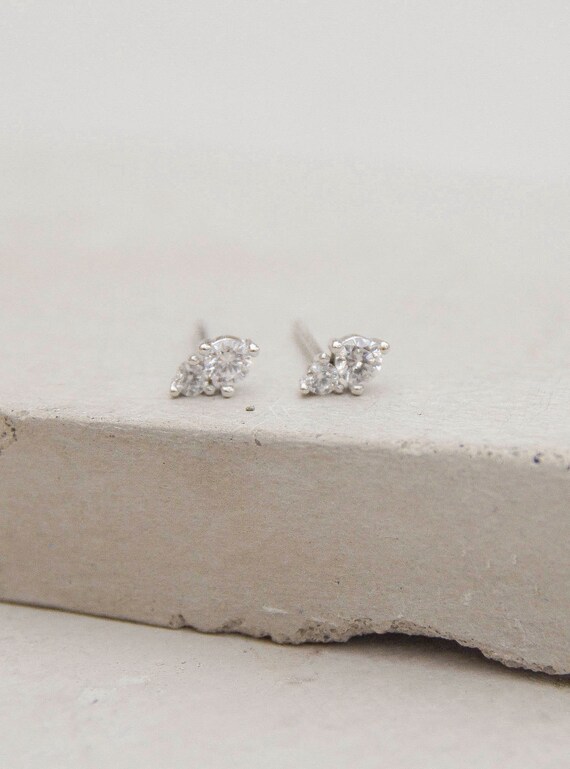 2-Stone Studs Silver Tiny Stud Earrings Silver Earrings | Etsy