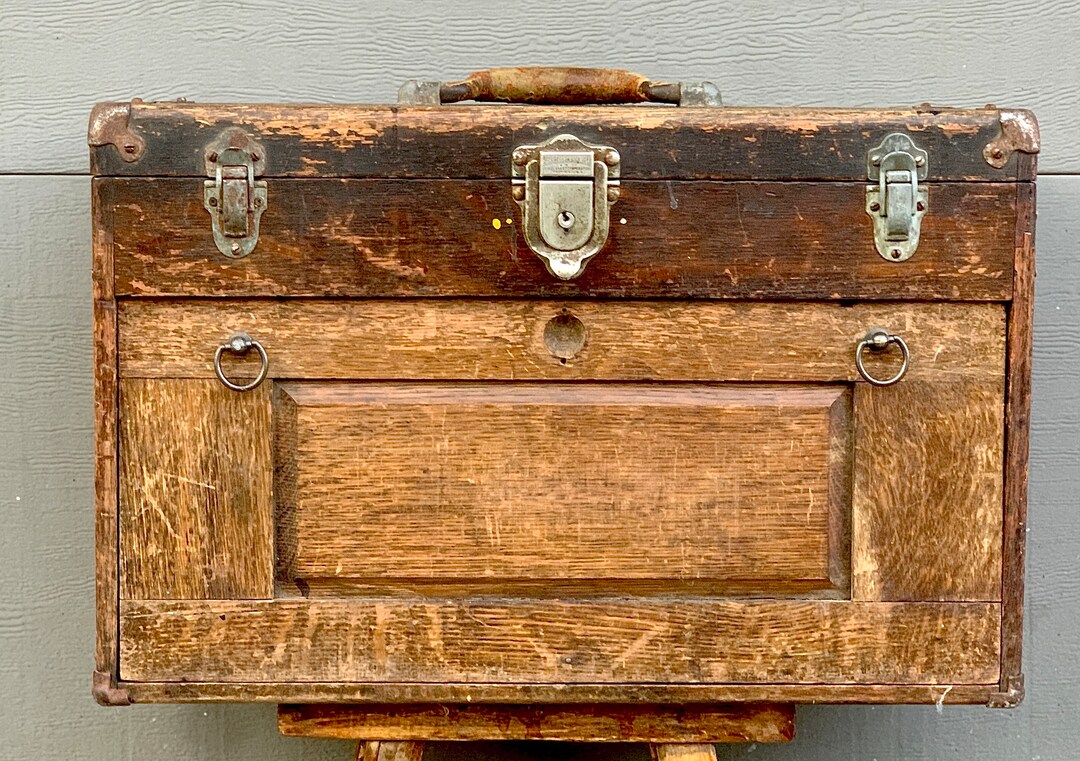 1930s Vintage Union Steel Chest Craftsman Finger Jointed Oak & Metal ...