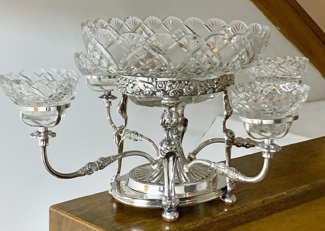 Vintage 15 Piece EPNS Silver Plated 4 Arm Lead Crystal Cut Bowl Epergne ...