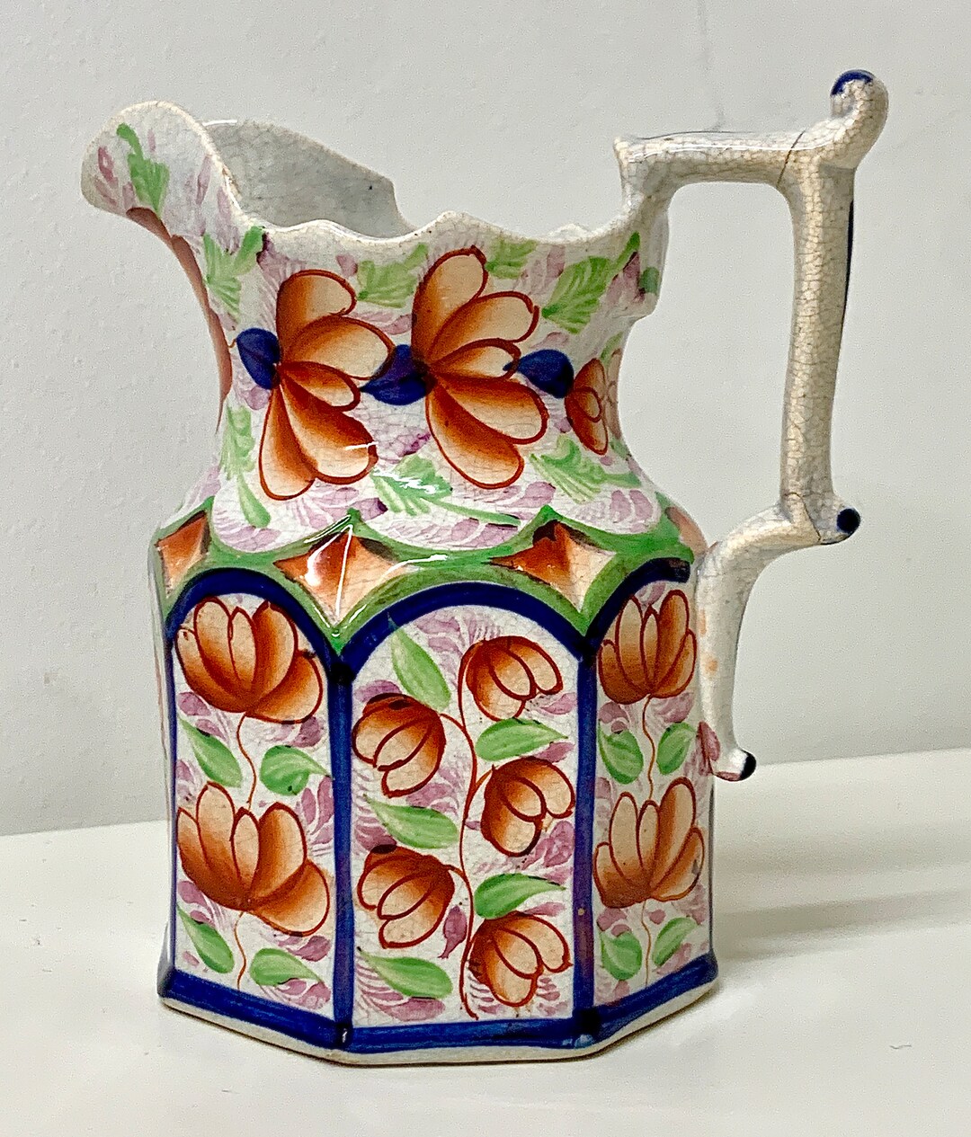 19th Century Antique Gaudy Welsh Gwent Pattern Octagonal Pitcher Jug ...