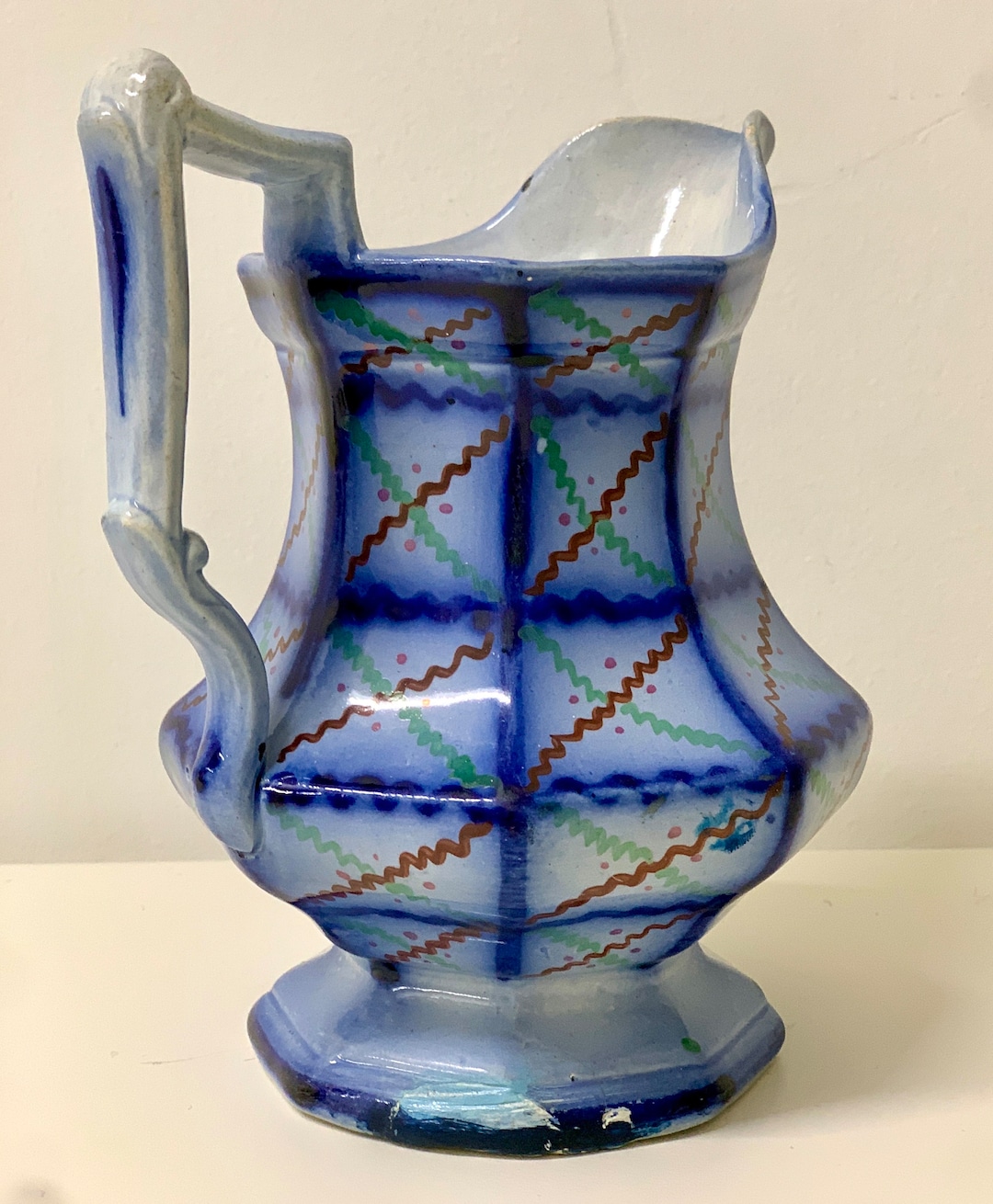 19th Century Antique Gaudy Ironstone Flow Blue Squiggle Grid Pattern ...