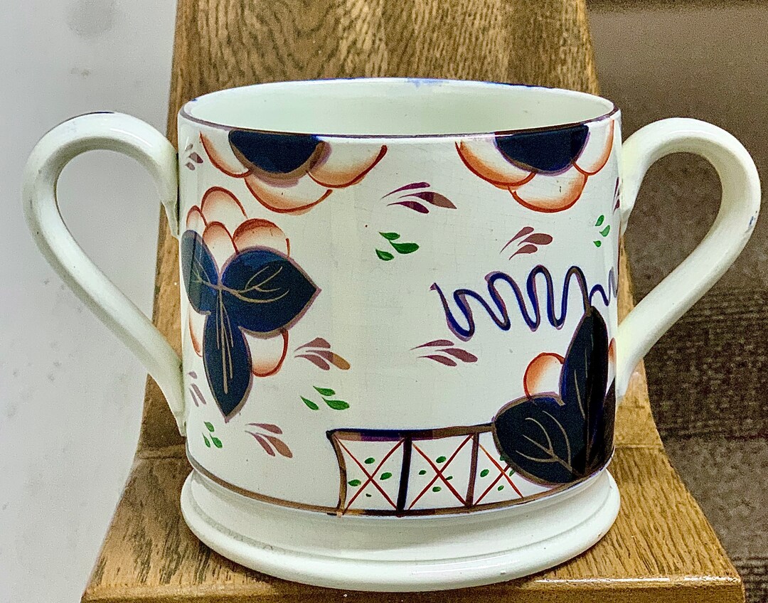 19th Century Antique Gaudy Welsh Oyster Pattern Large Double Handled ...