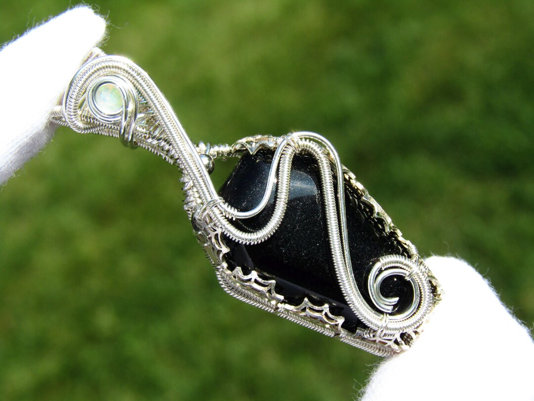 Obsidian Wire Wrapped Coffin Pendant Jewelry, Sterling Silver Crystal ...
