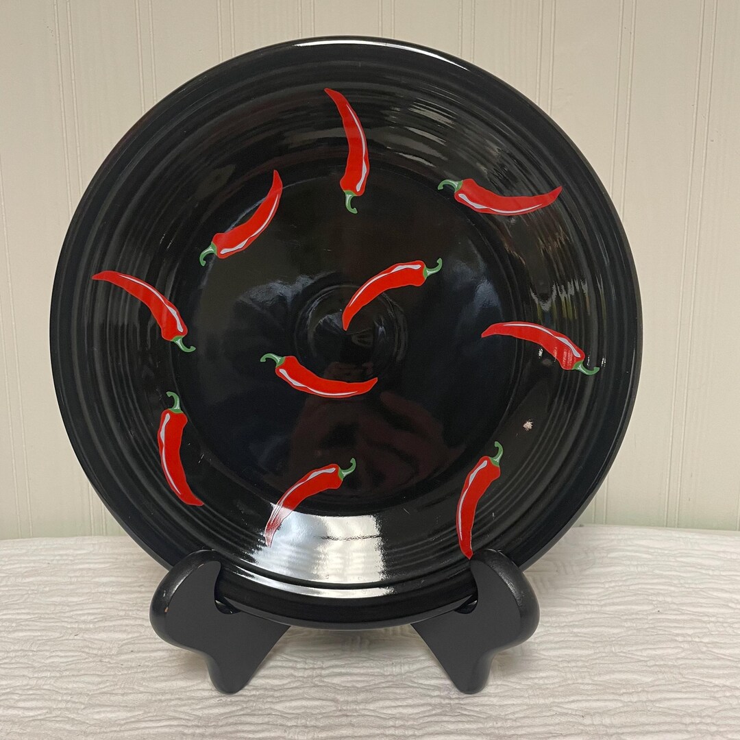 Fiesta Ware 10 Black With Red Chili Peppers Dinner Plate Very Hard to ...