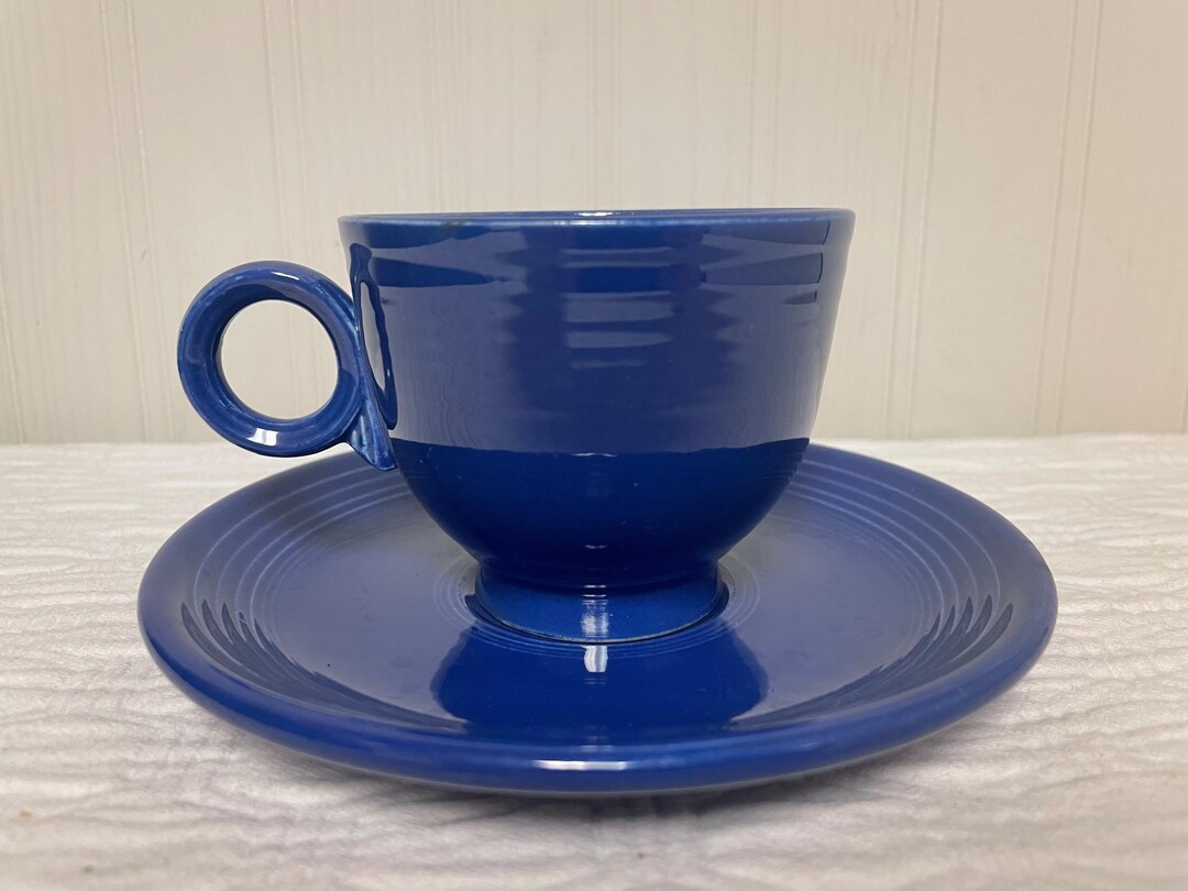 Vintage Fiesta Ware Original Blue Teacup and Saucer Set Fiestaware Flat ...