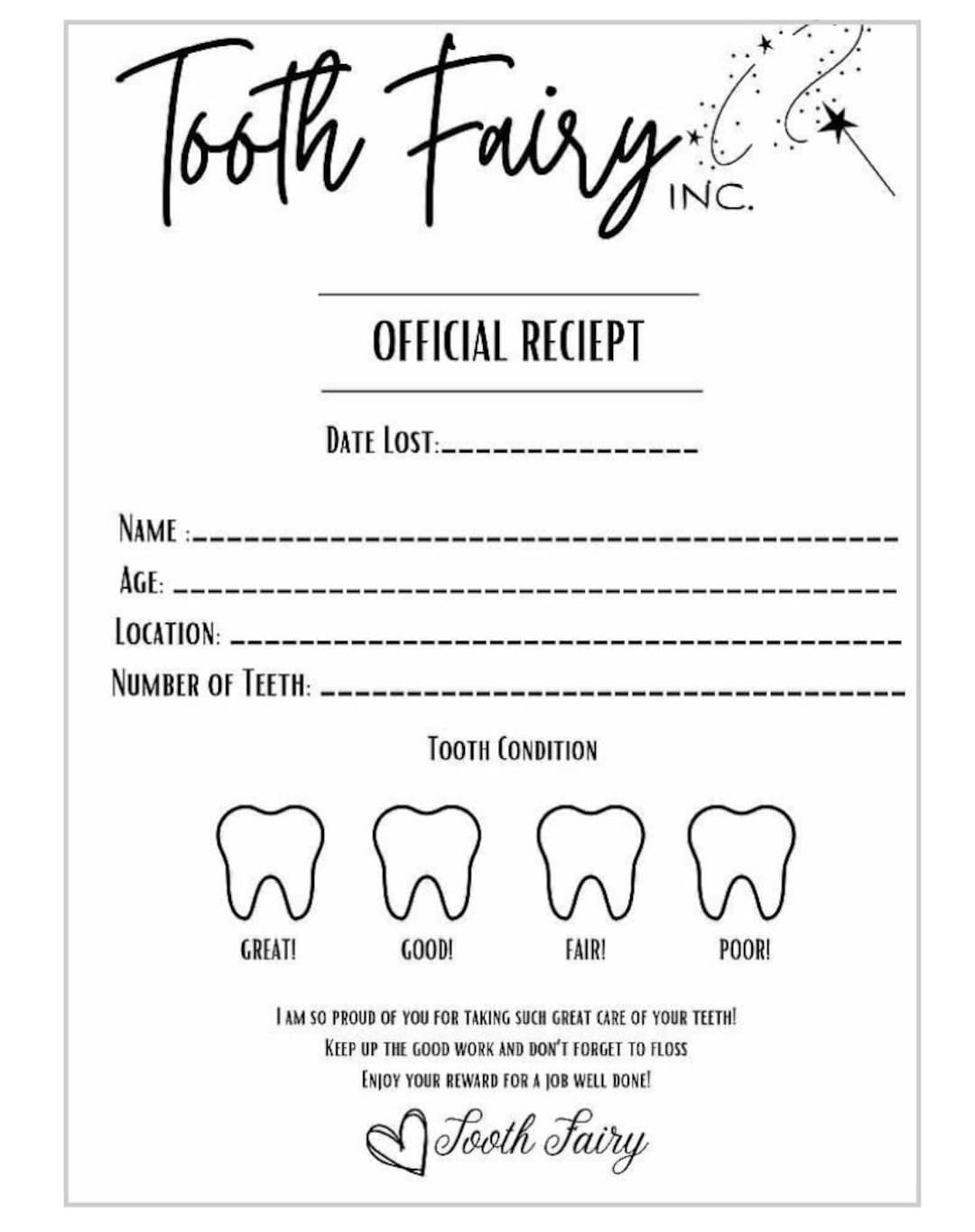 Printable Tooth Fairy Receipt and Recording Sheet - Etsy