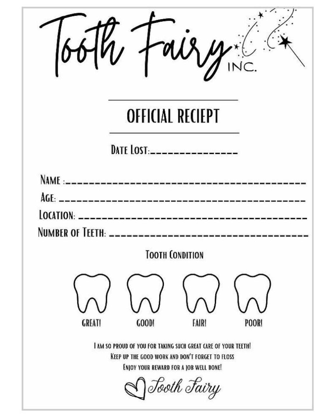 Printable Tooth Fairy Receipt and Recording Sheet - Etsy