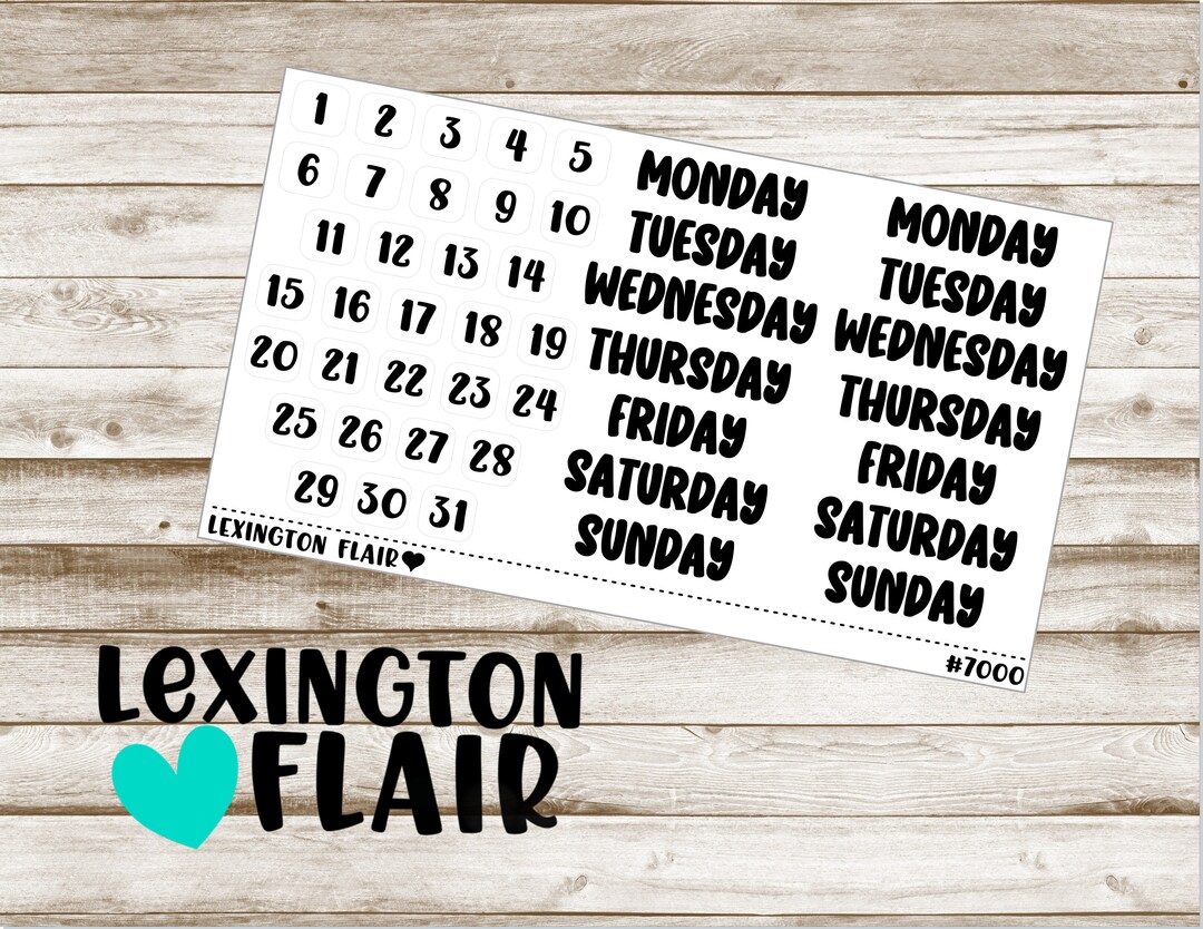 Days of the Week Plus Date Numbers - #7000 - Planner Stickers - Etsy