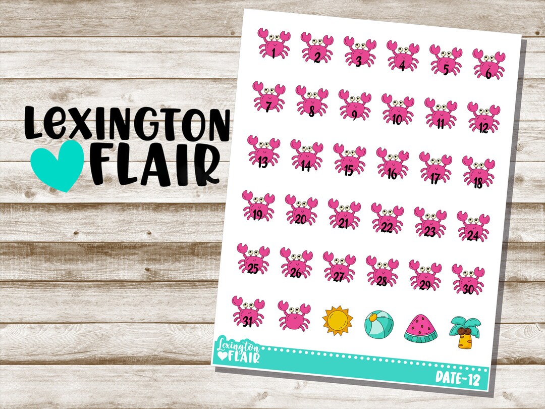 Date - Calendar Numbers - Pink Crab - Date-12 - Planner Stickers - Etsy