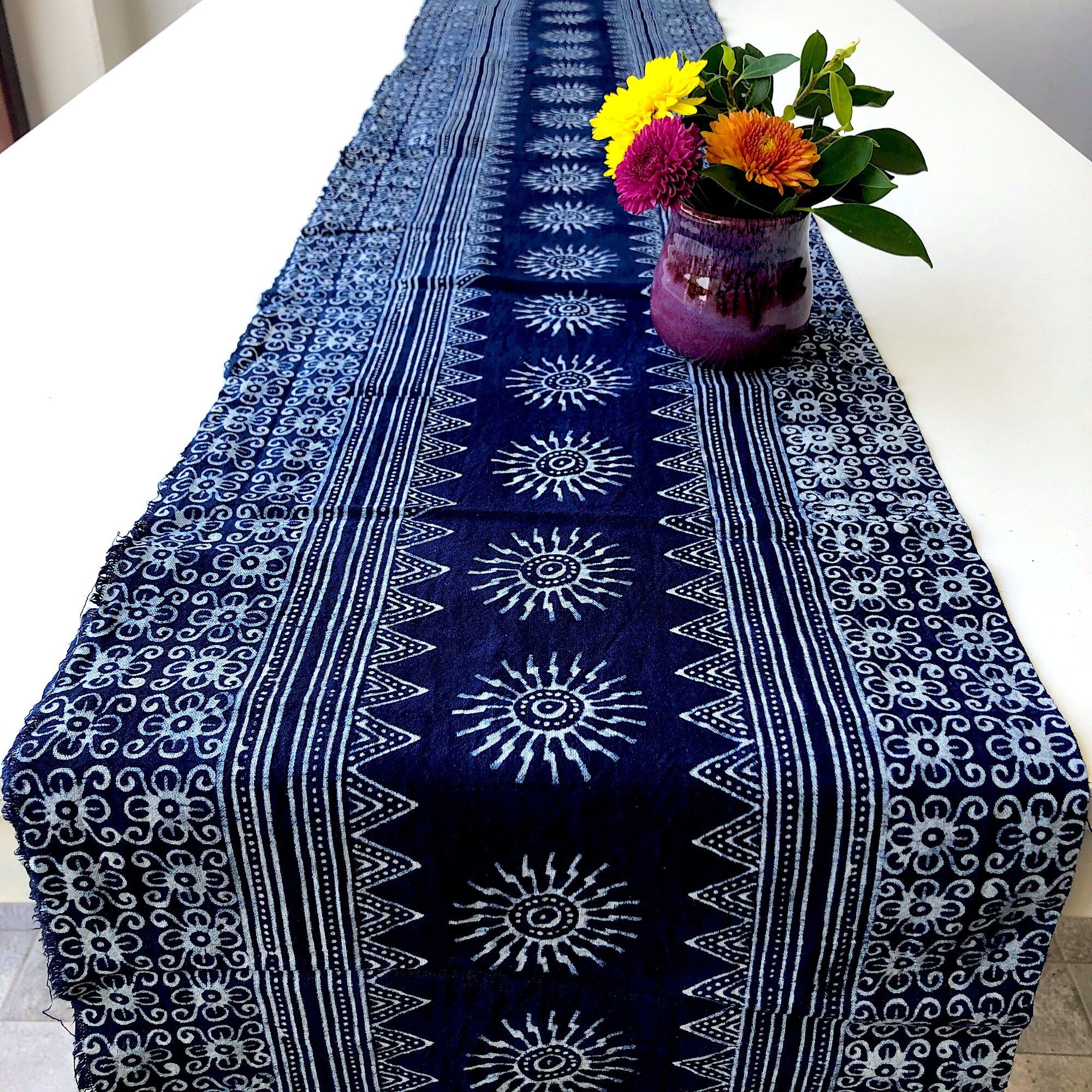 Indigo Batik Hmong Fabric Table Runner Sun Motif DIY Decor 2.5mt - Etsy