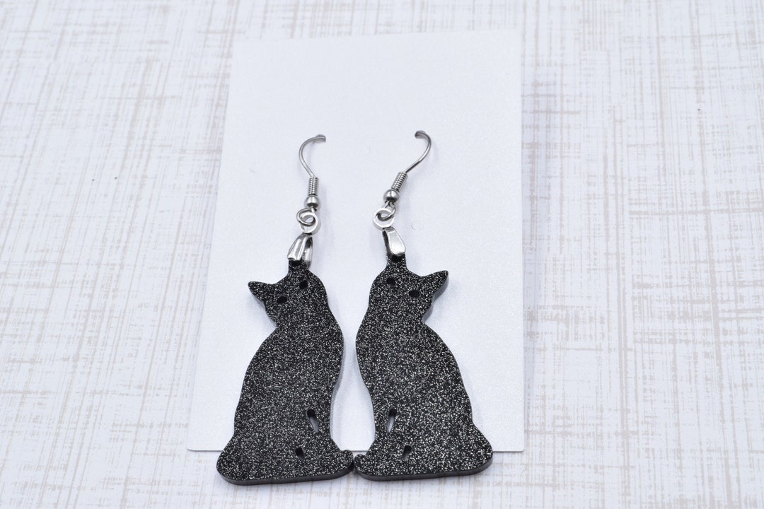 Black Cat Dangle Earrings - Spooky Earrings - Black Glitter Cat ...