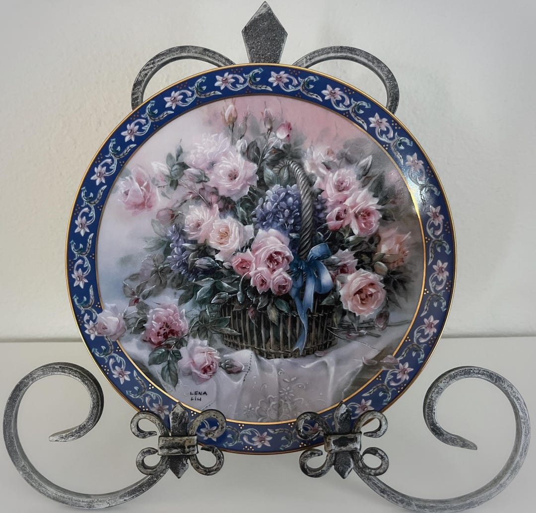 Vintage Lena Liu “roses” Collector Plate, 1992 Bradford Exchange Basket ...