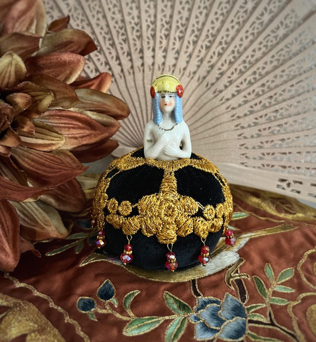 RARE Egyptian Revival Cleopatra Porcelain Half Doll Pin Cushion, 1920s ...