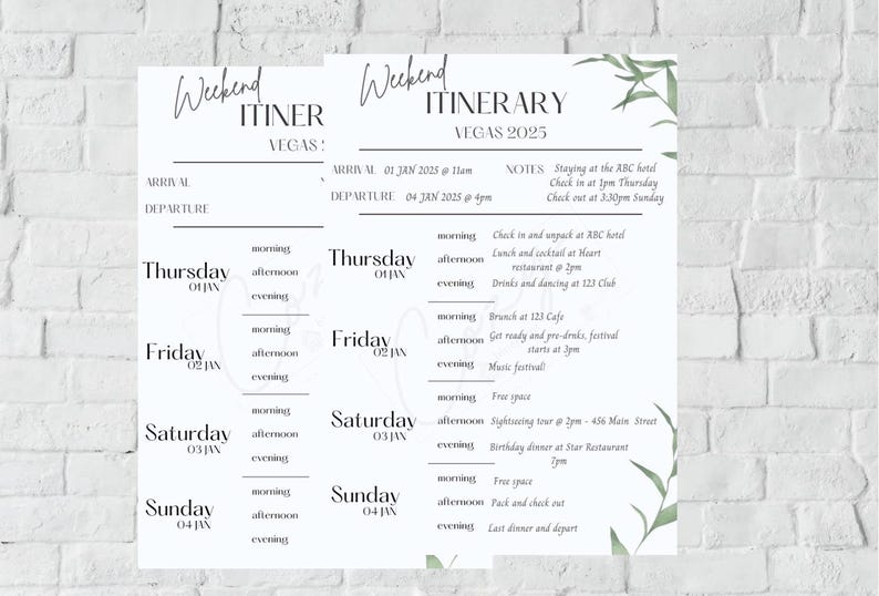 Weekend Trip Itinerary Template, Editable in Canva (digital Download ...