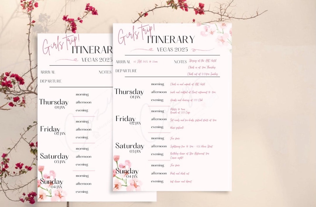 Girls Trip Itinerary Template Birthday Weekend Itinerary Template ...