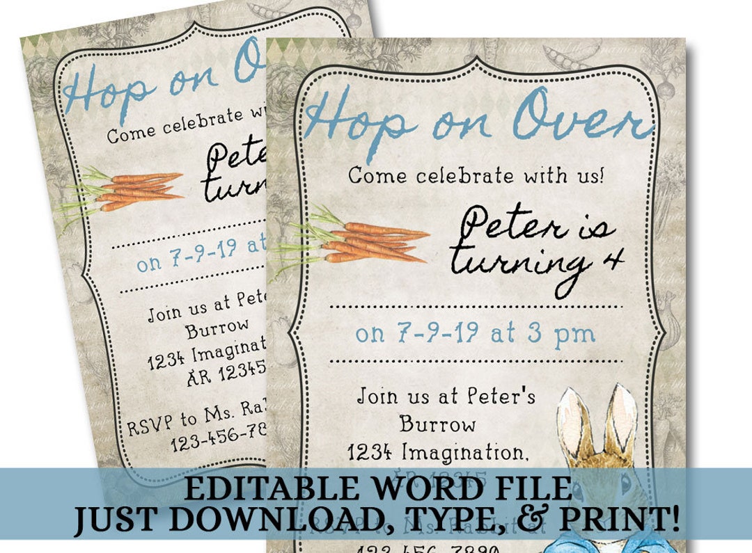 Peter Rabbit Birthday Invitations Printable Editable Digital - Etsy
