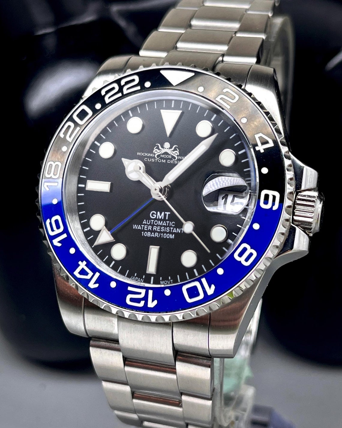 40mm Custom Black & Blue GMT Watch, Japan NH34 GMT Movement, 100m WR ...