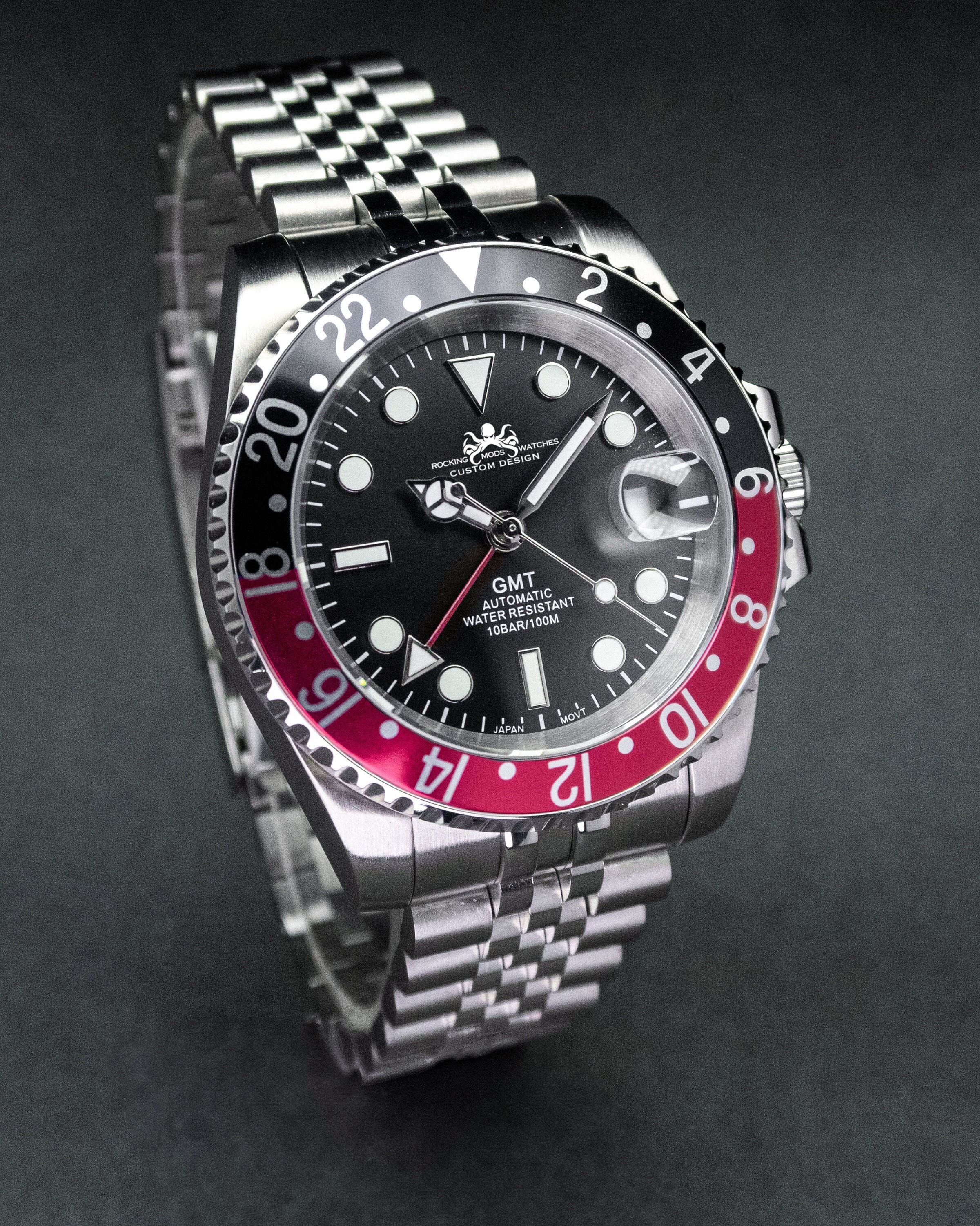 40mm Custom Vintage Style Black & Red GMT Watch, Japan NH34 GMT ...