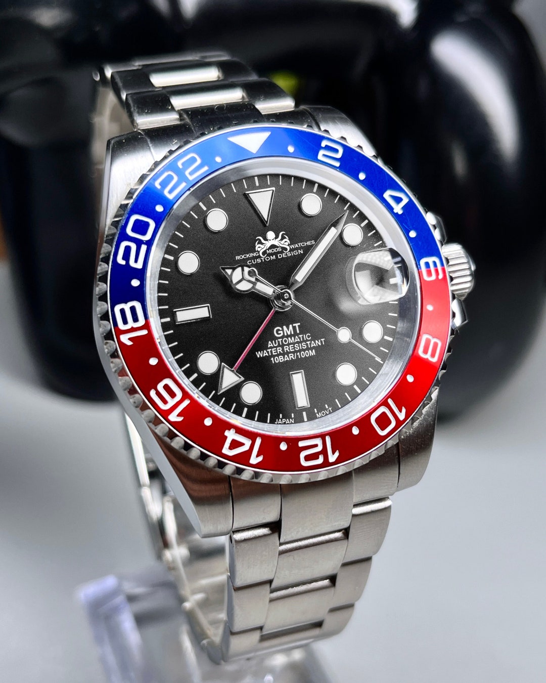 40mm Custom Blue & Red GMT Watch, Japan NH34 GMT Movement, 100m WR ...