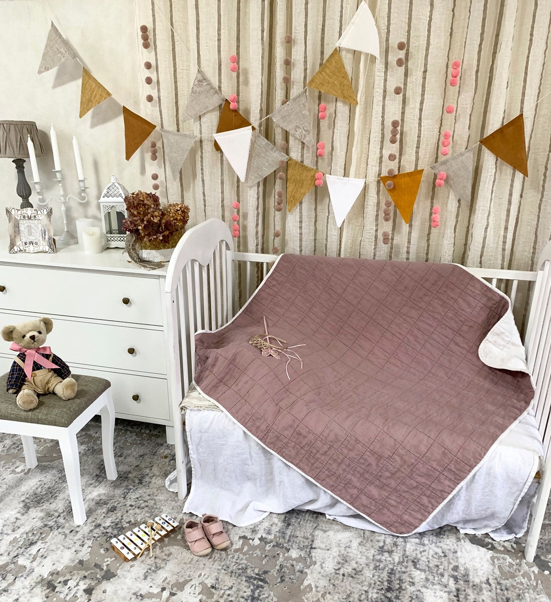 Modern Linen Baby Quilt, Patchwork Design, Stonewashed Natural Flax ...