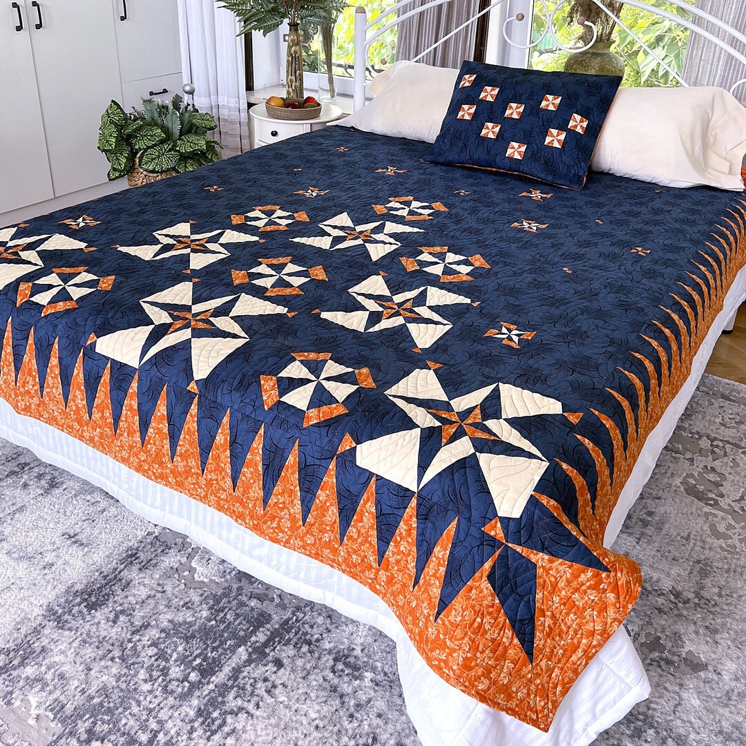 Campfire Pattern Quilt Set Blue Orange Patchwork Quilted Bedspread ...