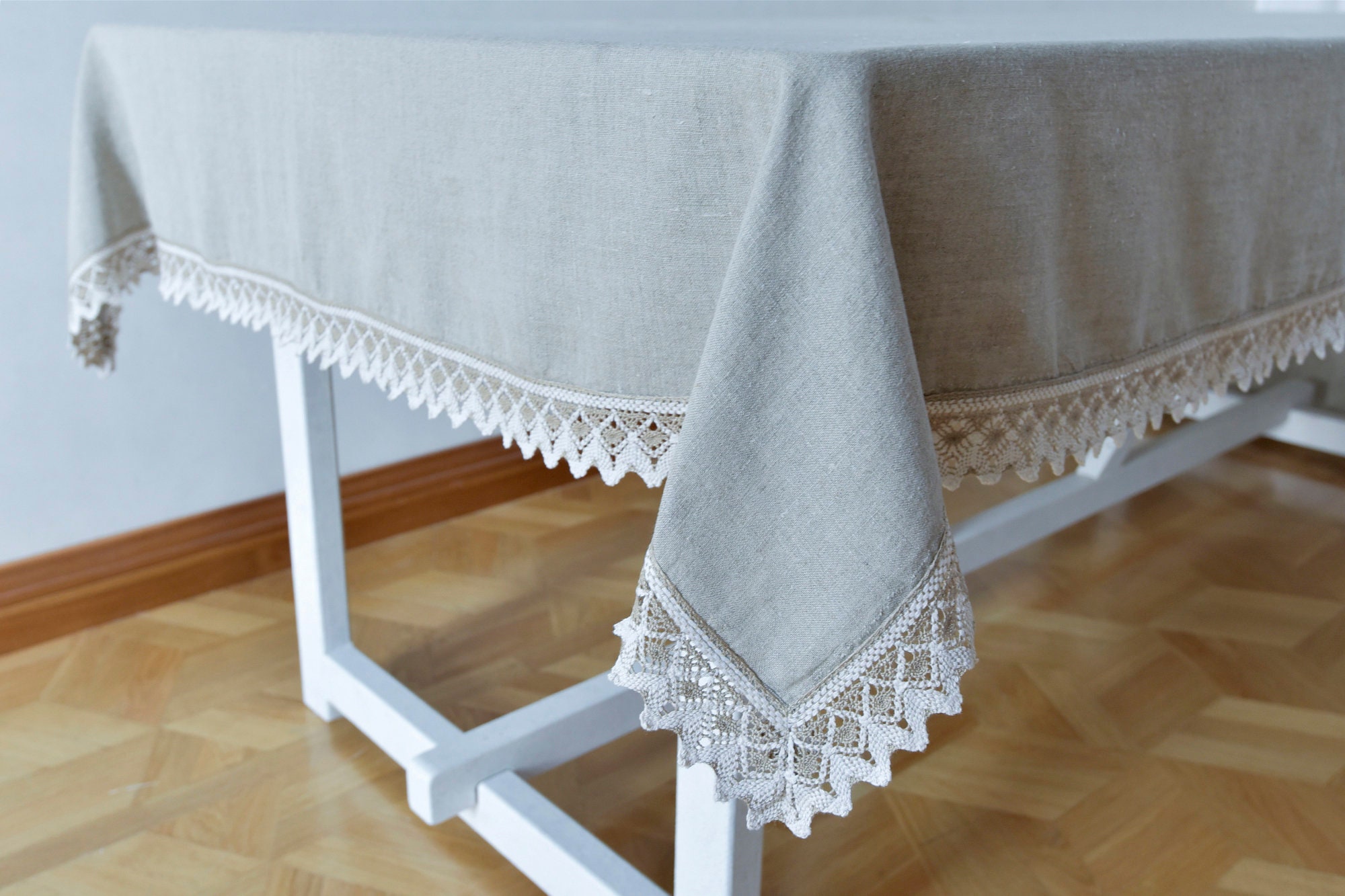 Linen Tablecloth Cotton Lace Edge 104 120 140 84 inch Large | Etsy