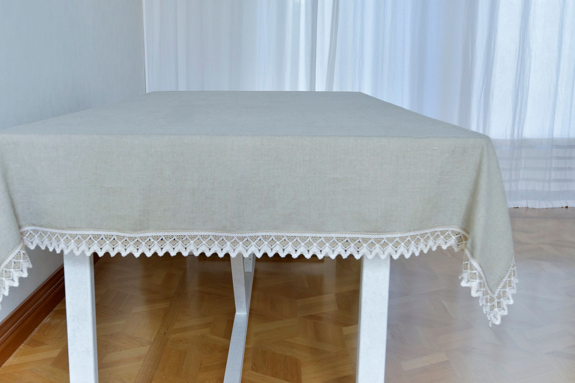 Linen Tablecloth Cotton Lace Edge 104 120 140 84 inch Large | Etsy