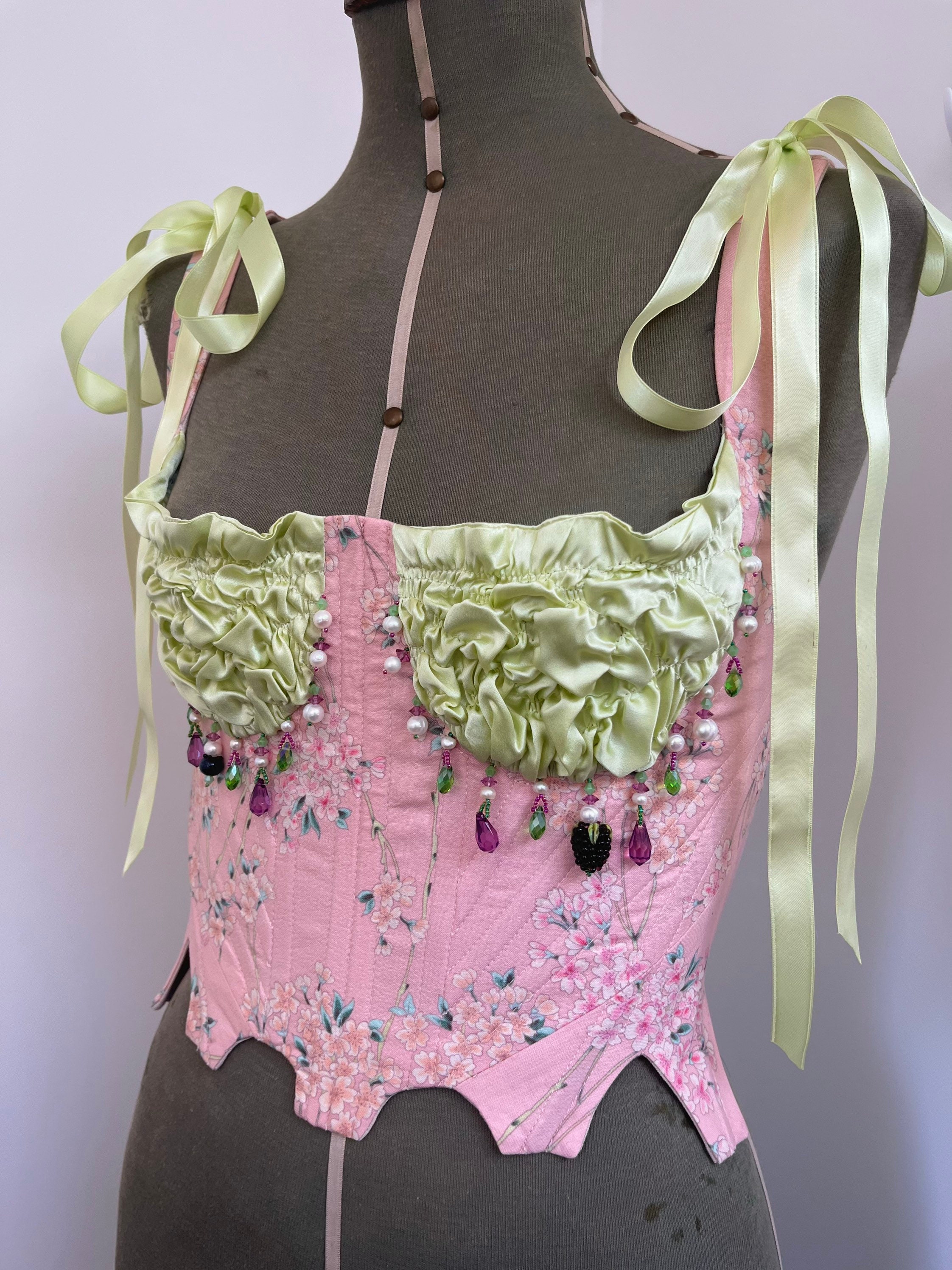 Pastel Pink Blossom & Green Corset Bustier (made to Order) - Etsy