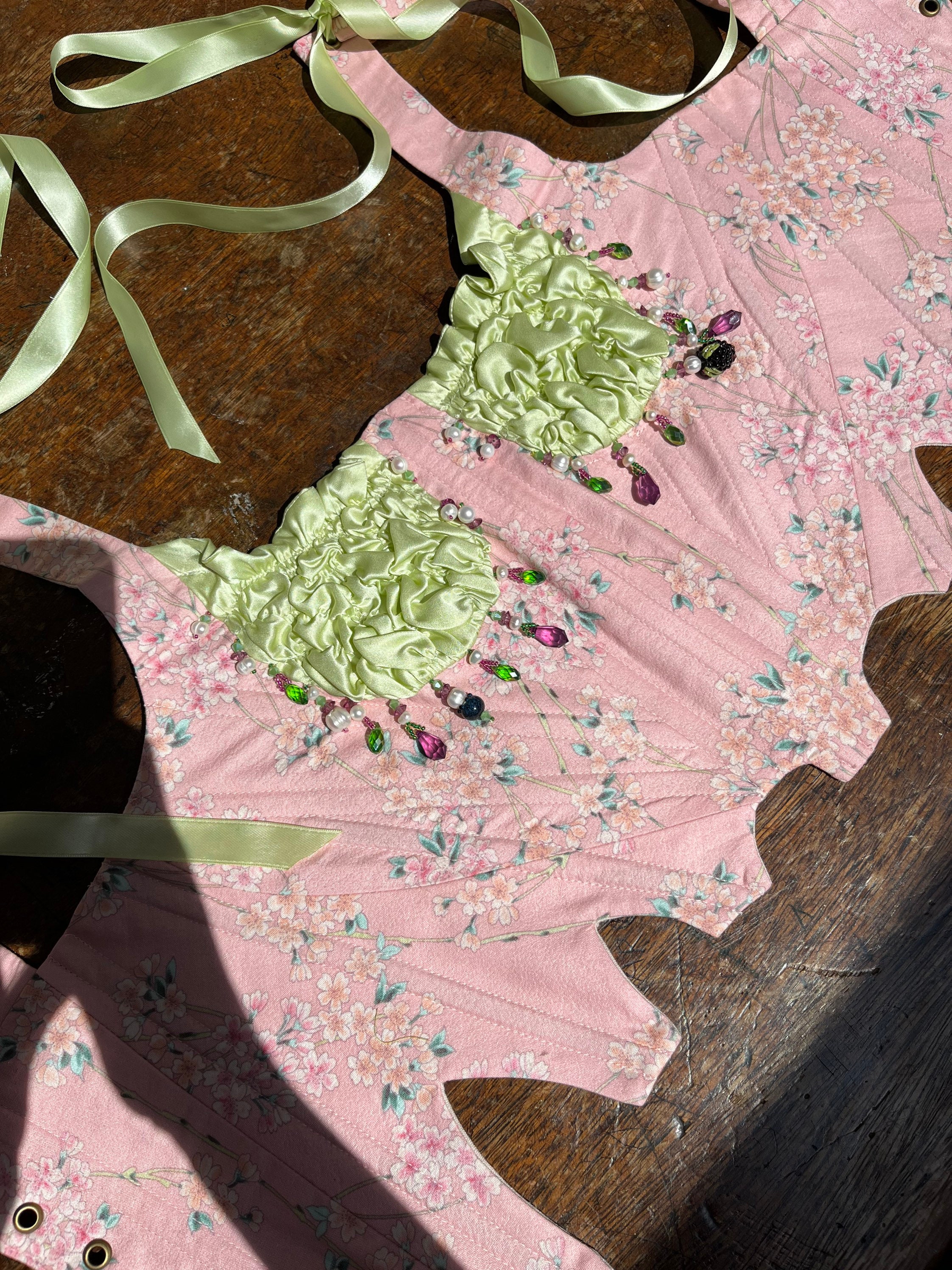 Pastel Pink Blossom & Green Corset Bustier (made to Order) - Etsy
