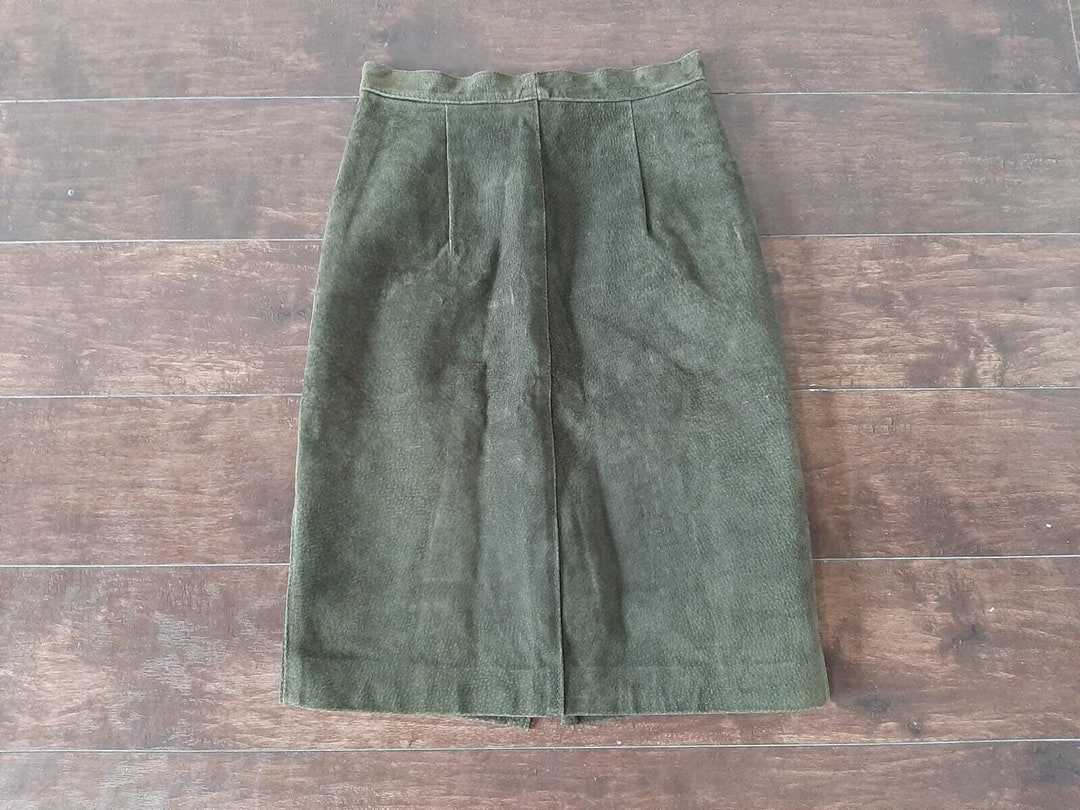 Vintage 1970s High-waisted Women’s Real Leather Suede Green Pencil ...