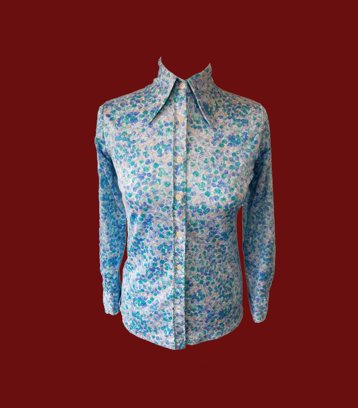 Vintage 70's Dagger Collared Women's Shirt, in a Green, Blue and White ...