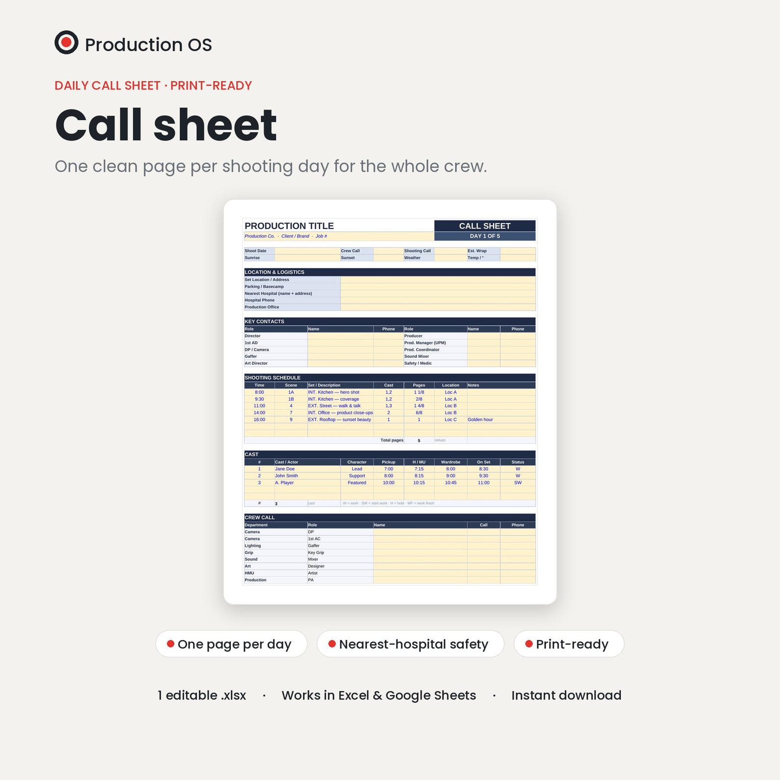 Film Production Call Sheet Template | Daily Shoot Planning (excel ...
