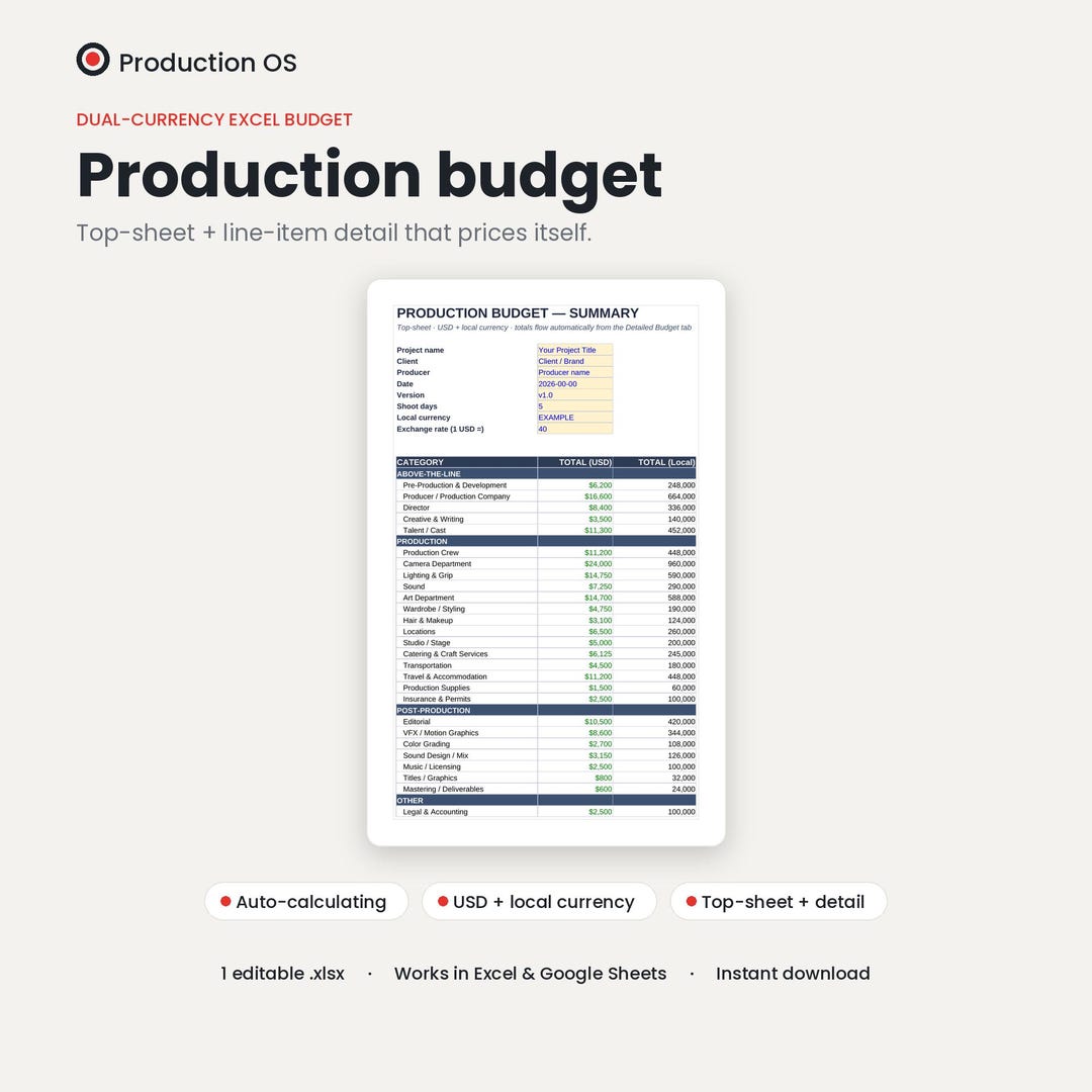 Video Production Budget Template | Dual-currency Excel Spreadsheet ...