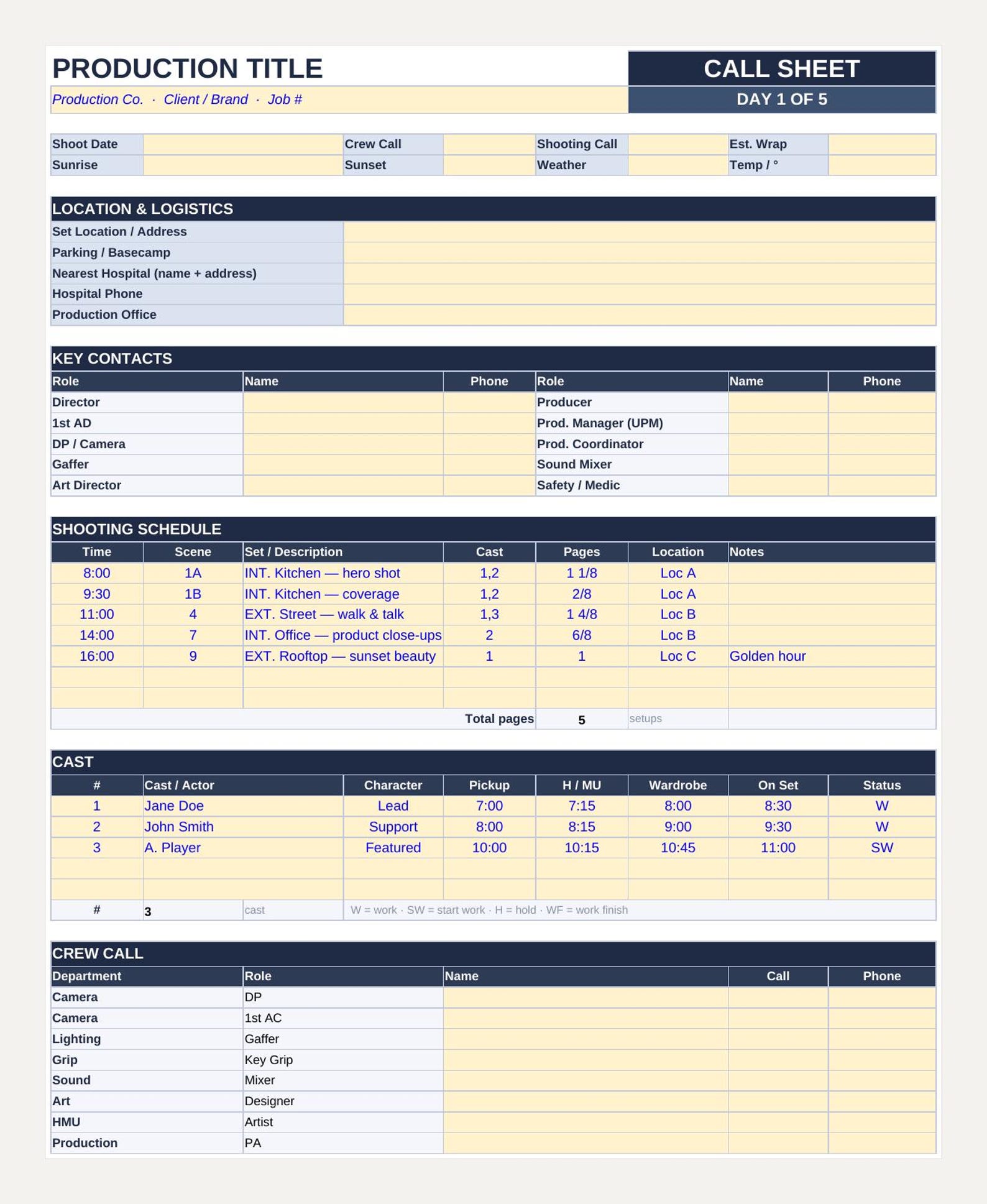 Film Production Call Sheet Template | Daily Shoot Planning (excel ...