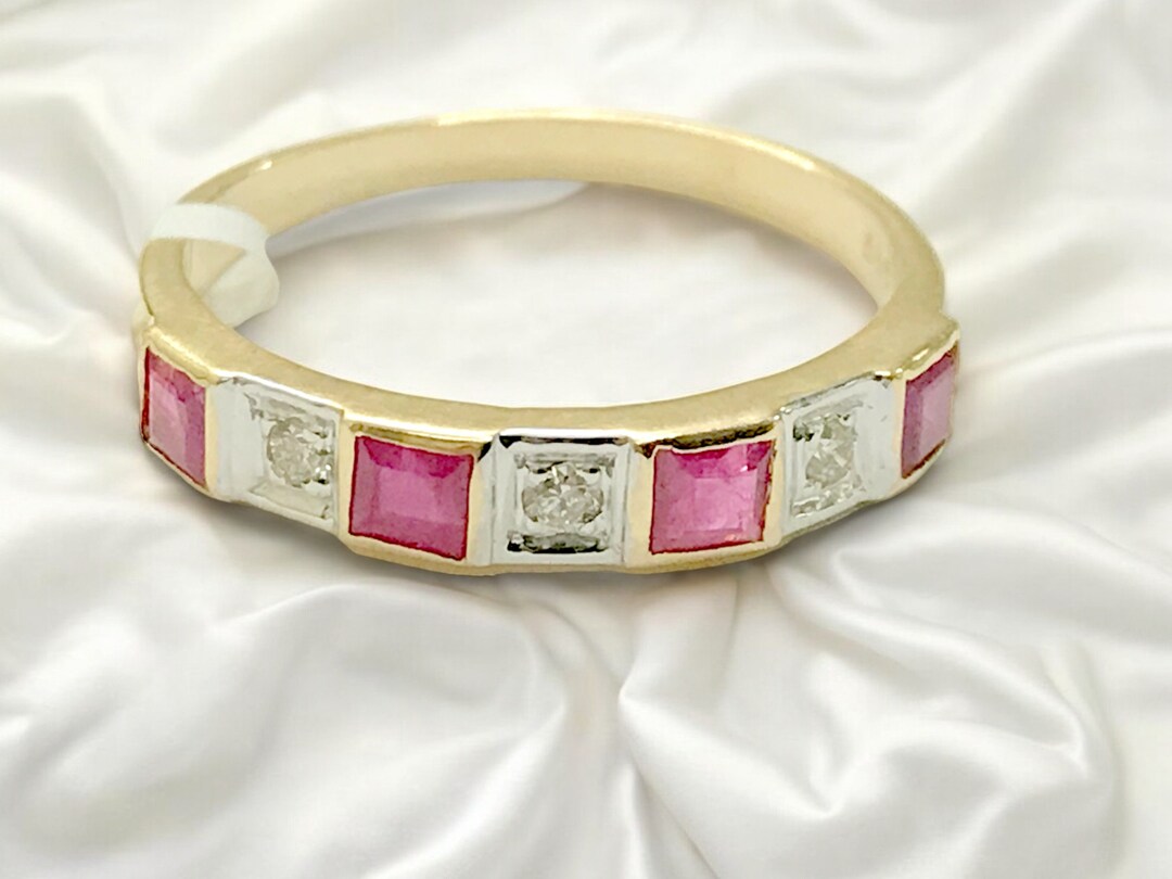 14k Gold Ruby and Diamond Band Ring: Square Bezel Set , Wedding Band ...