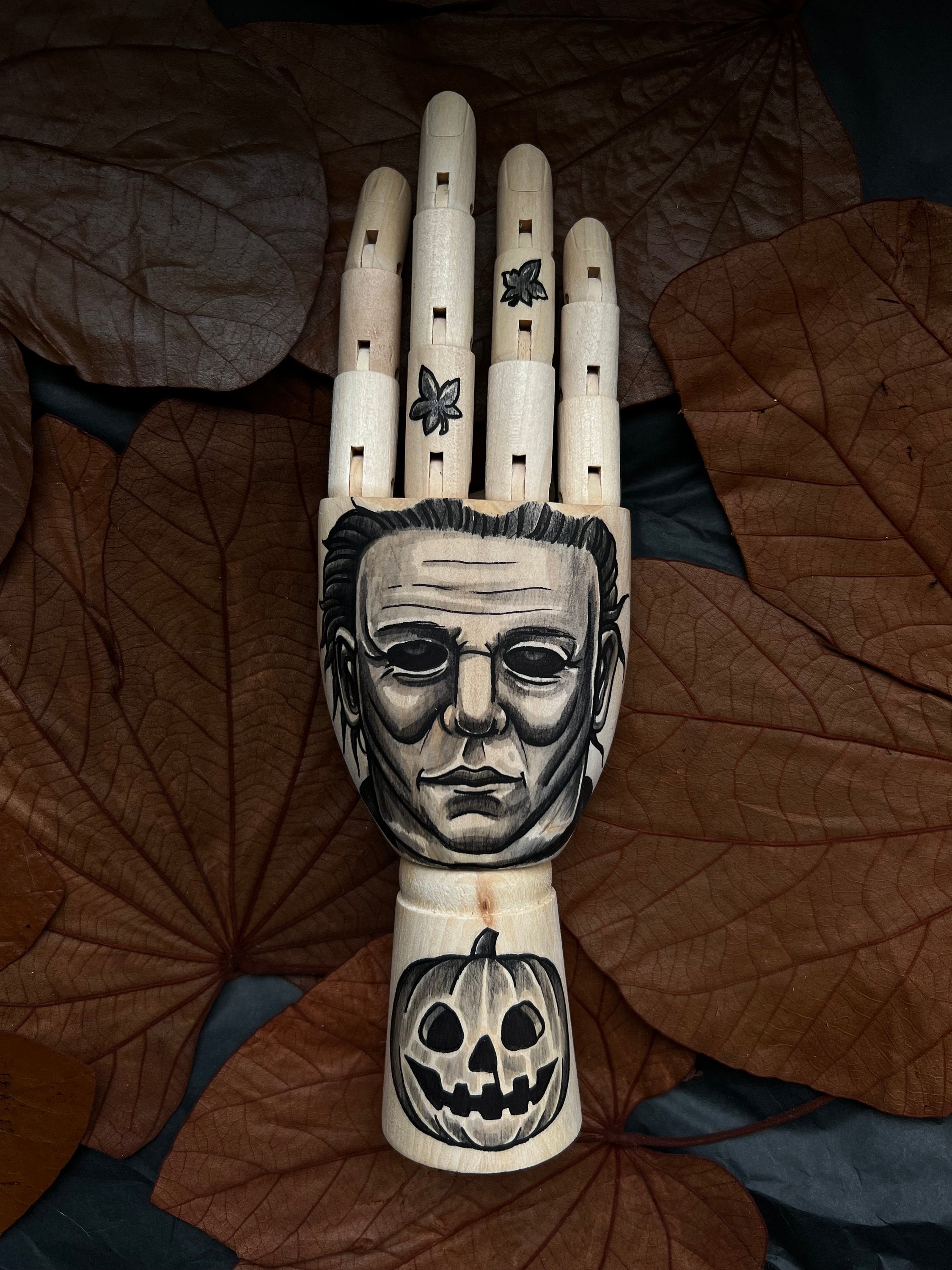 Myer Tattoos SALE Wooden Hand With Michael Myers And Halloween Pumpkin
