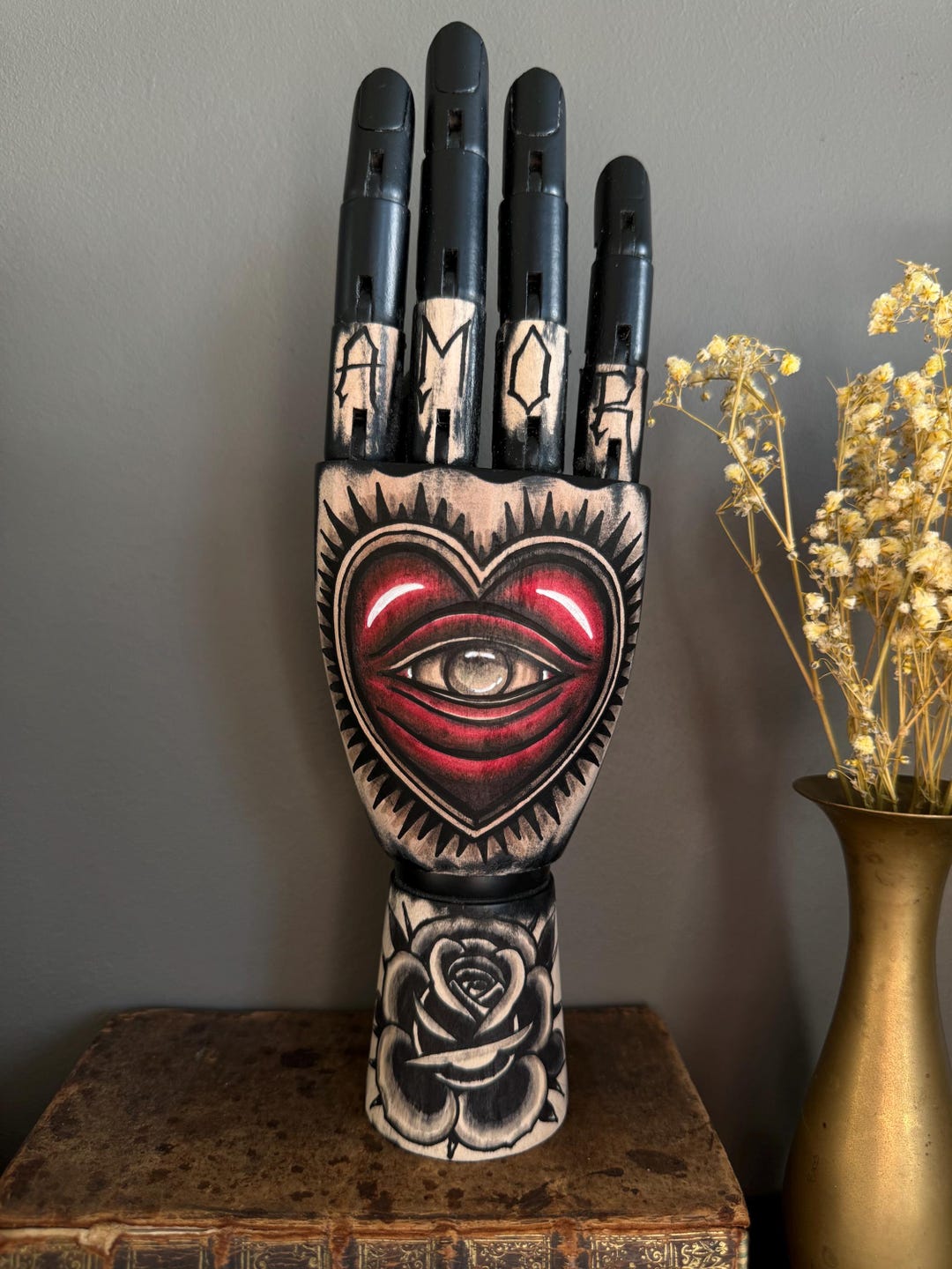 Black Wooden Hand With a Heart and Rose Tattoo Design - Etsy