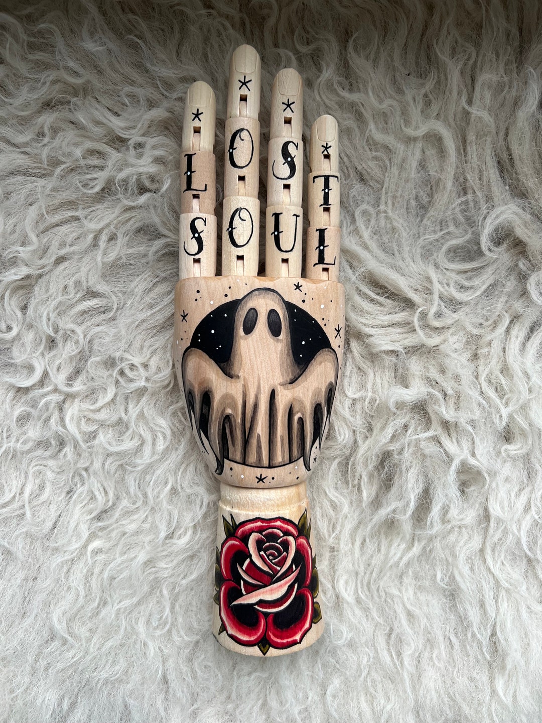 Wooden Hand With a Ghost and Rose Tattoo Design - Etsy