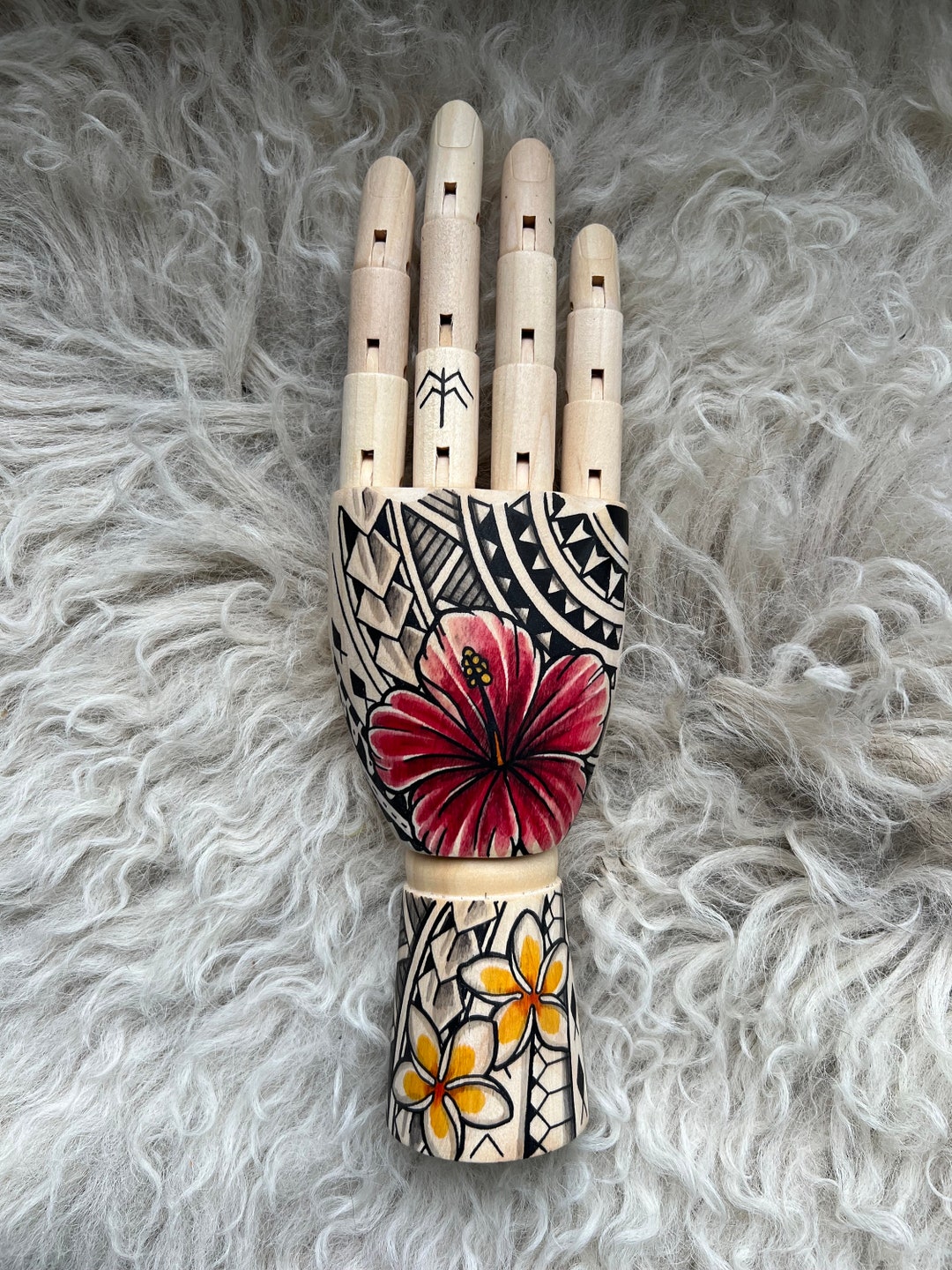 Wooden Hand With Flowers and a Polynesian Tattoo Design - Etsy