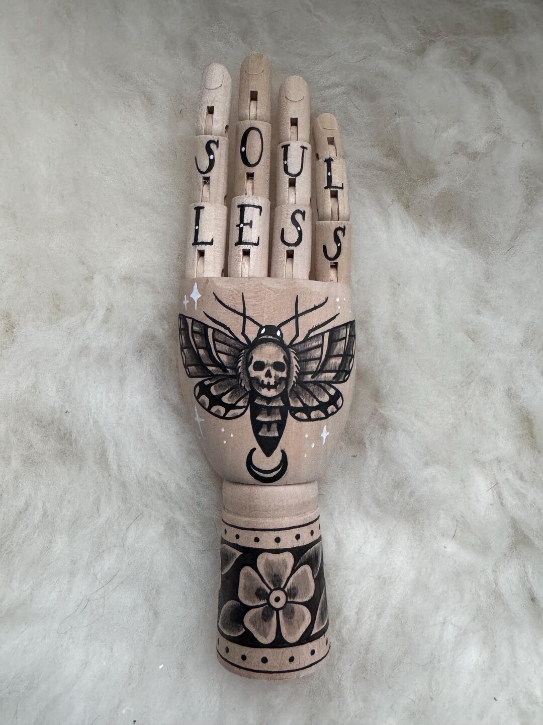MINI Wooden Hand With a Deaths Head Moth and Flowers Tattoo Design - Etsy