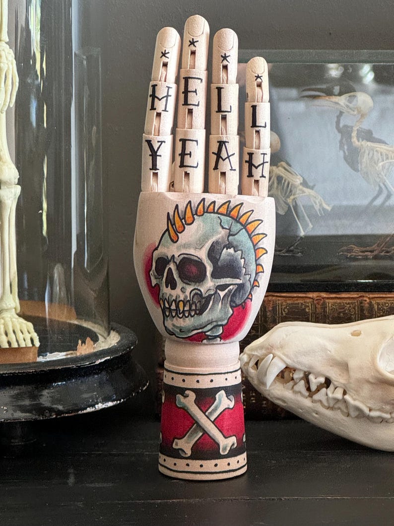 MINI Wooden Hand With a Punk Skull and Crossbones Tattoo Design - Etsy