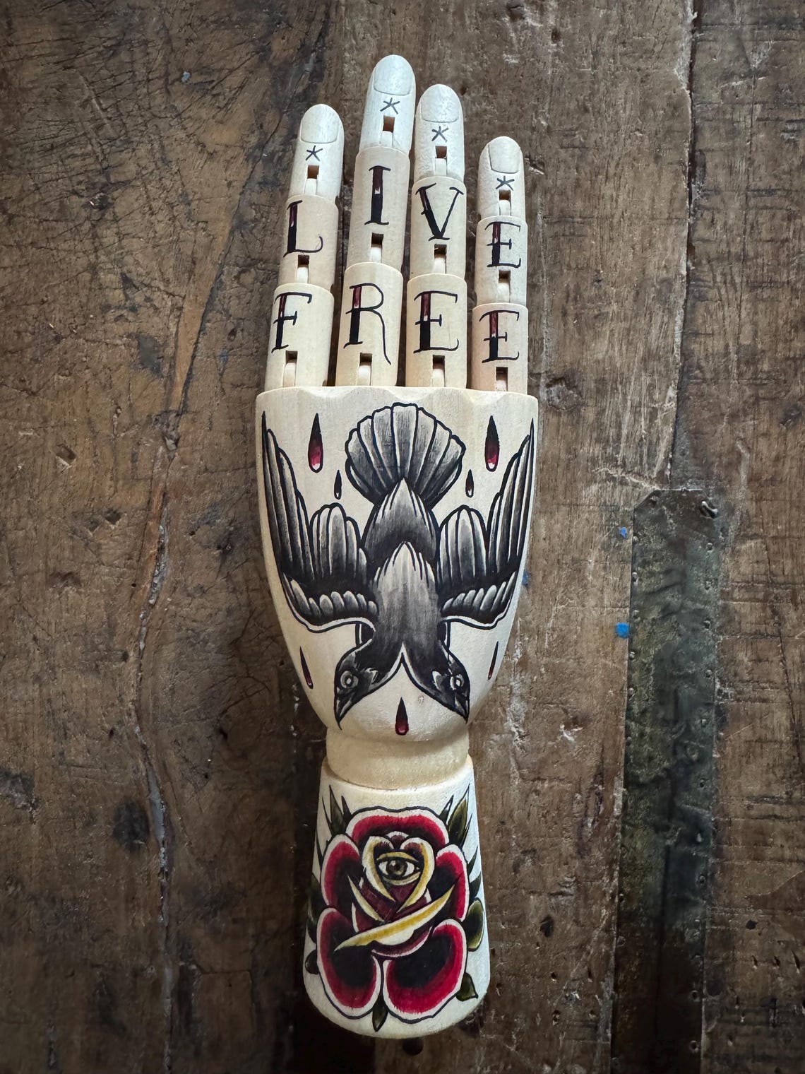 Wooden Hand With a Two Headed Crow and Rose Tattoo Design - Etsy