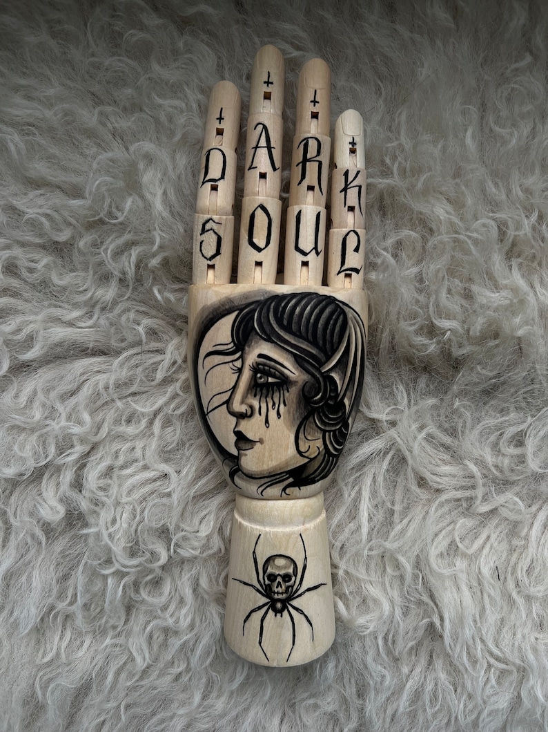 SALE Wooden Hand With a Goth Girl and Spider Tattoo Design - Etsy