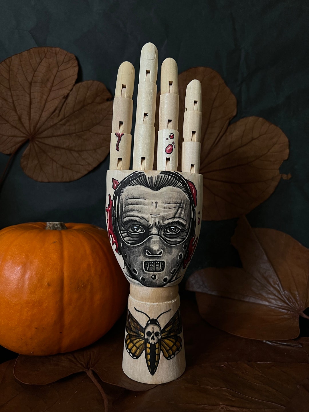 Wooden Hand With Hannibal Lecter and Deaths Head Moth Tattoo - Etsy